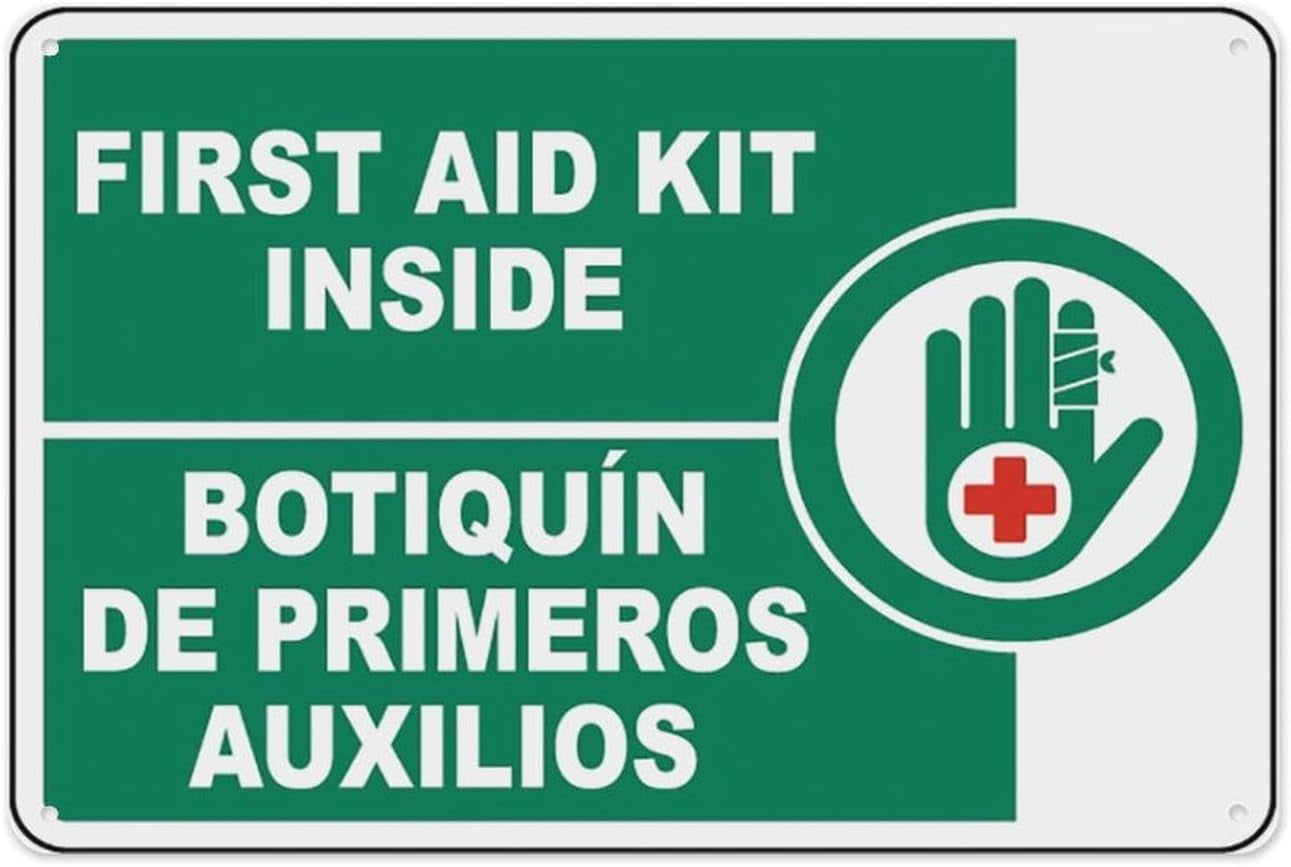 Bilingual First Aid Kit Inside Sign 8"x12" - Aluminum Tin Warning for ...