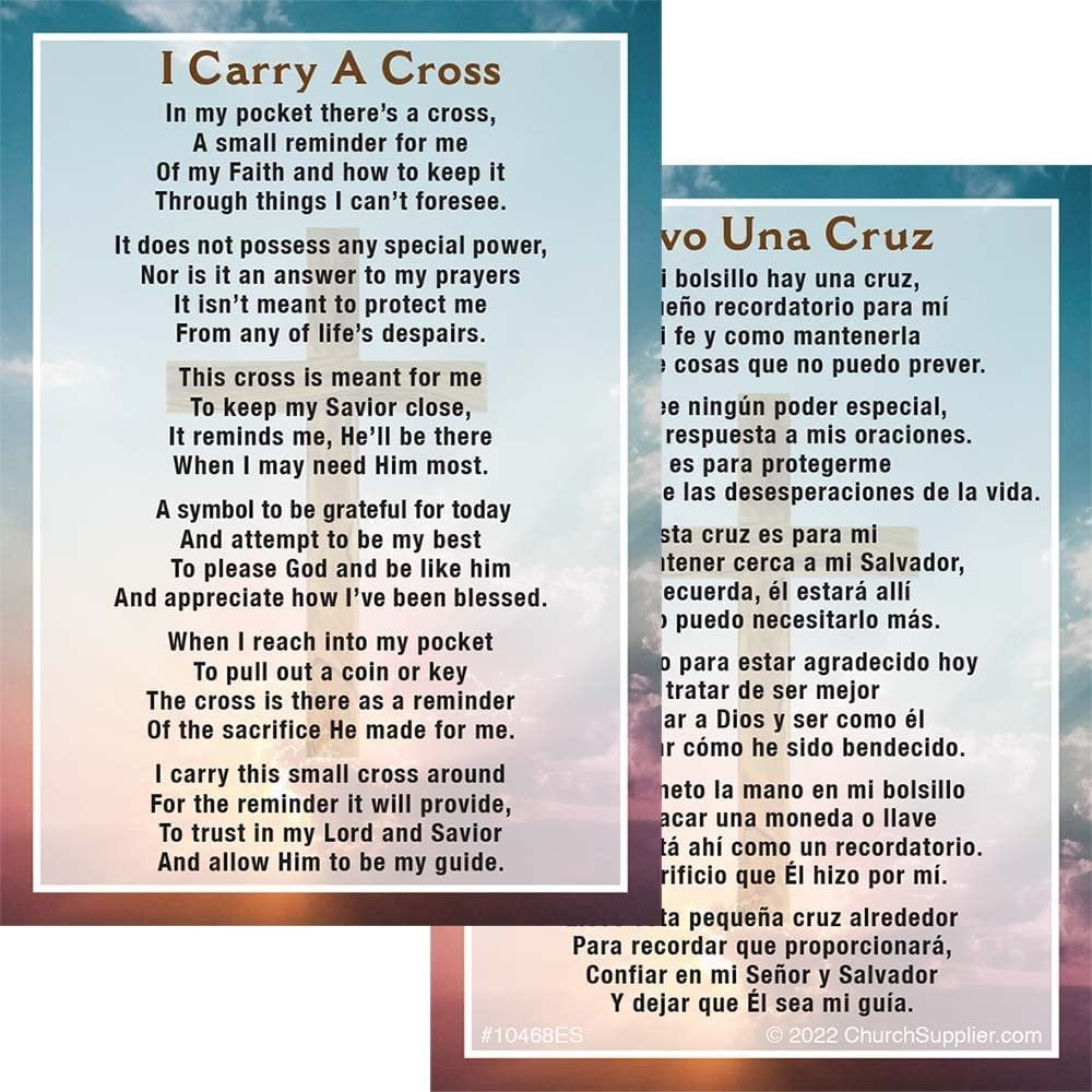 Bilingual I Carry A Cross - Llevo Una Cruz Pocket Prayer Card Pack of ...