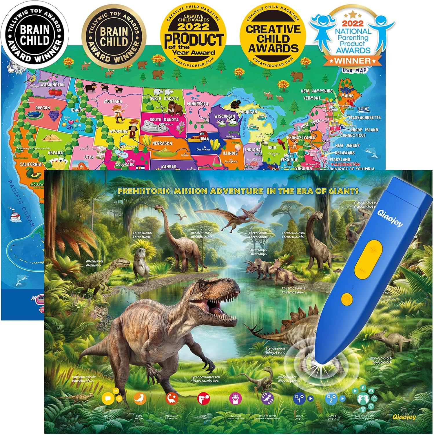 Bilingual Interactive for Kids Talking USA Map Dinosaur Poster for Kids ...