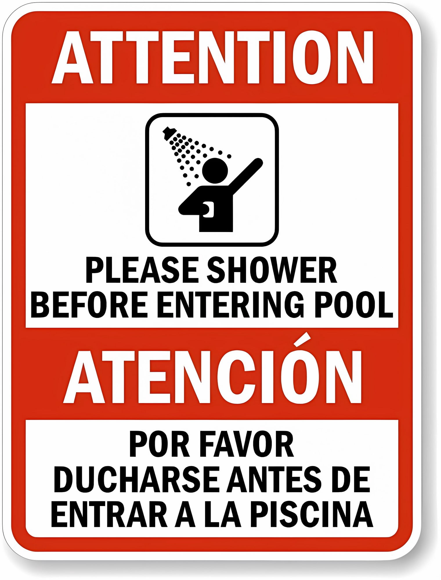 Bilingual Pool Attention Shower Before Entering 8"x12" Metal Sign ...