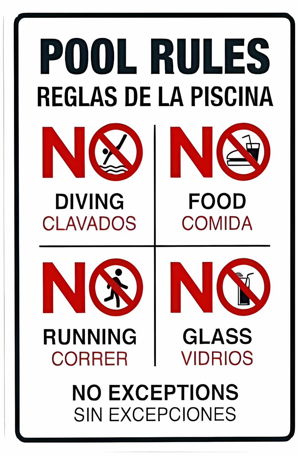 Bilingual Pool Rules Sign 12 x 8 Inches - No Diving/Running/Food/Glass ...
