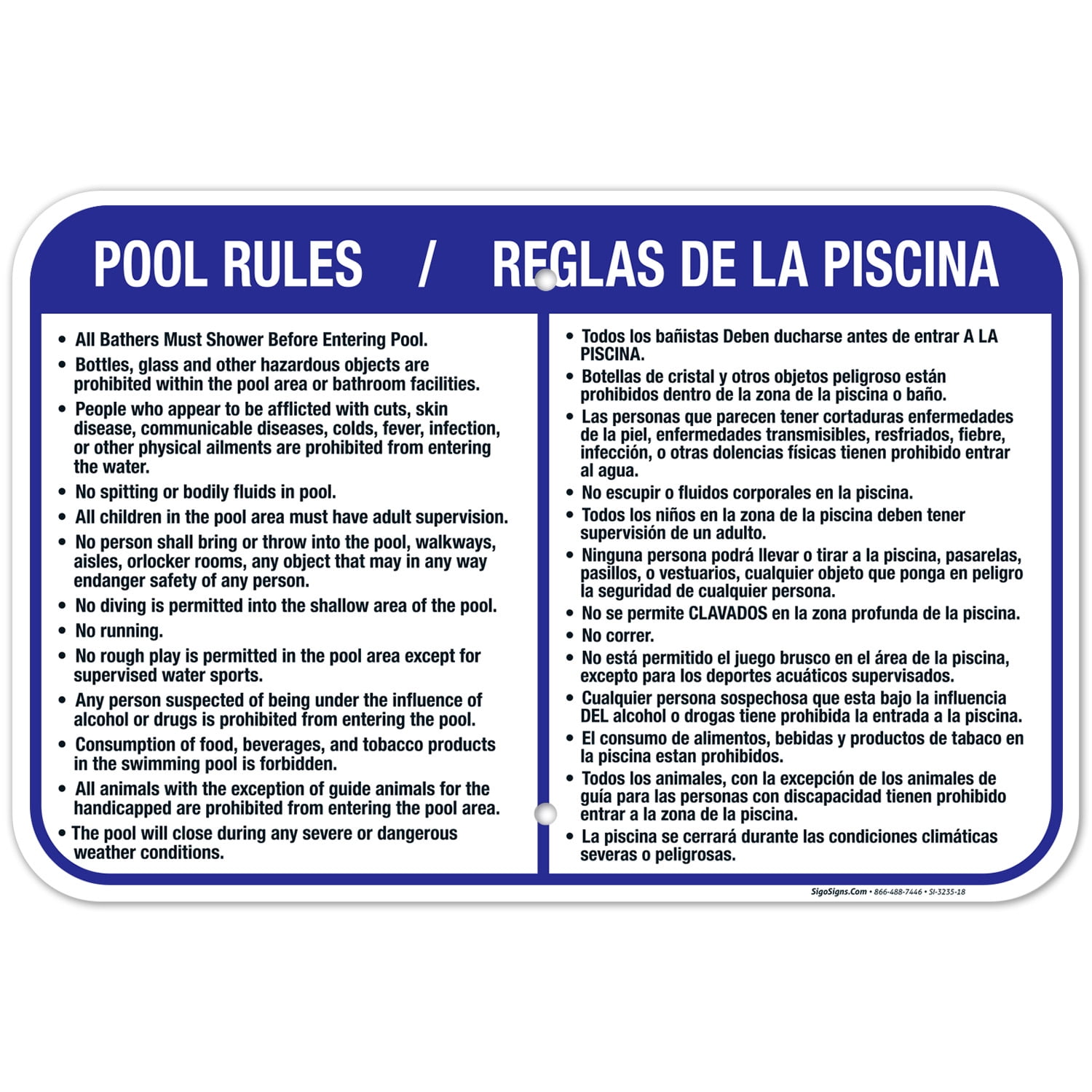 Bilingual Pool Rules Sign, English Spanish, - Walmart.com