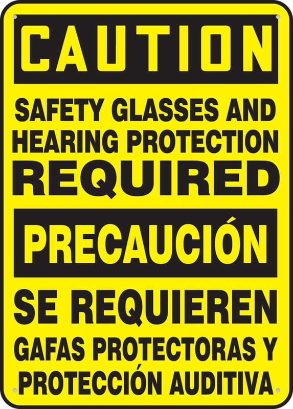 Bilingual Spanish Caution Safety Sign Safety Glasses And Hearing ...