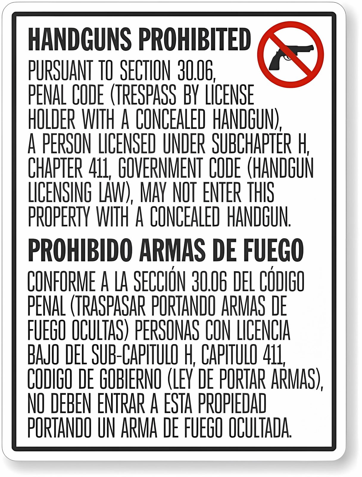 Bilingual Texas Concealed Carry Regulations Handguns Prohibited Metal ...