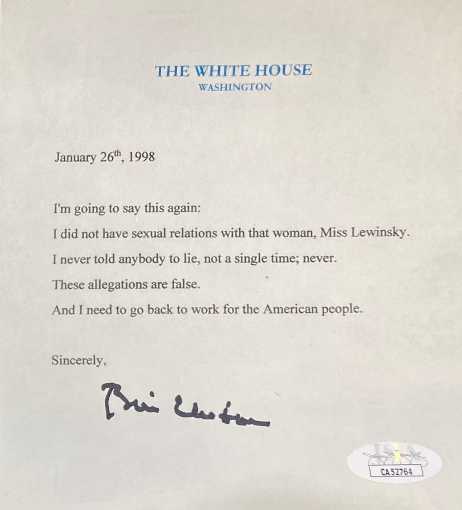 Bill Clinton Signed In Black 5x6 Mock White House Letter Monica ...
