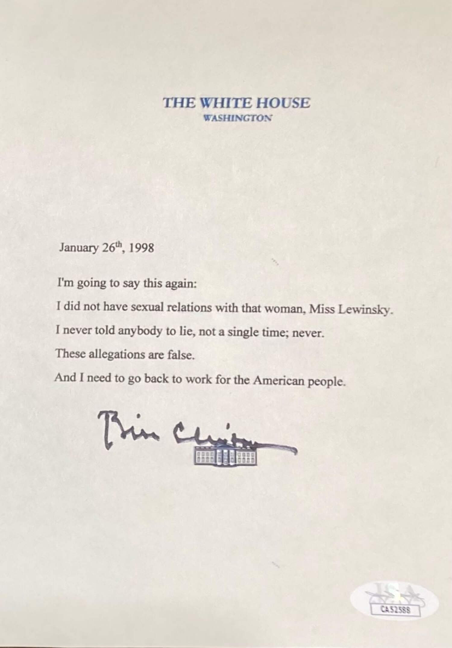 Bill Clinton Signed on Bottom Mock White House Logo Statement Lewinsky ...