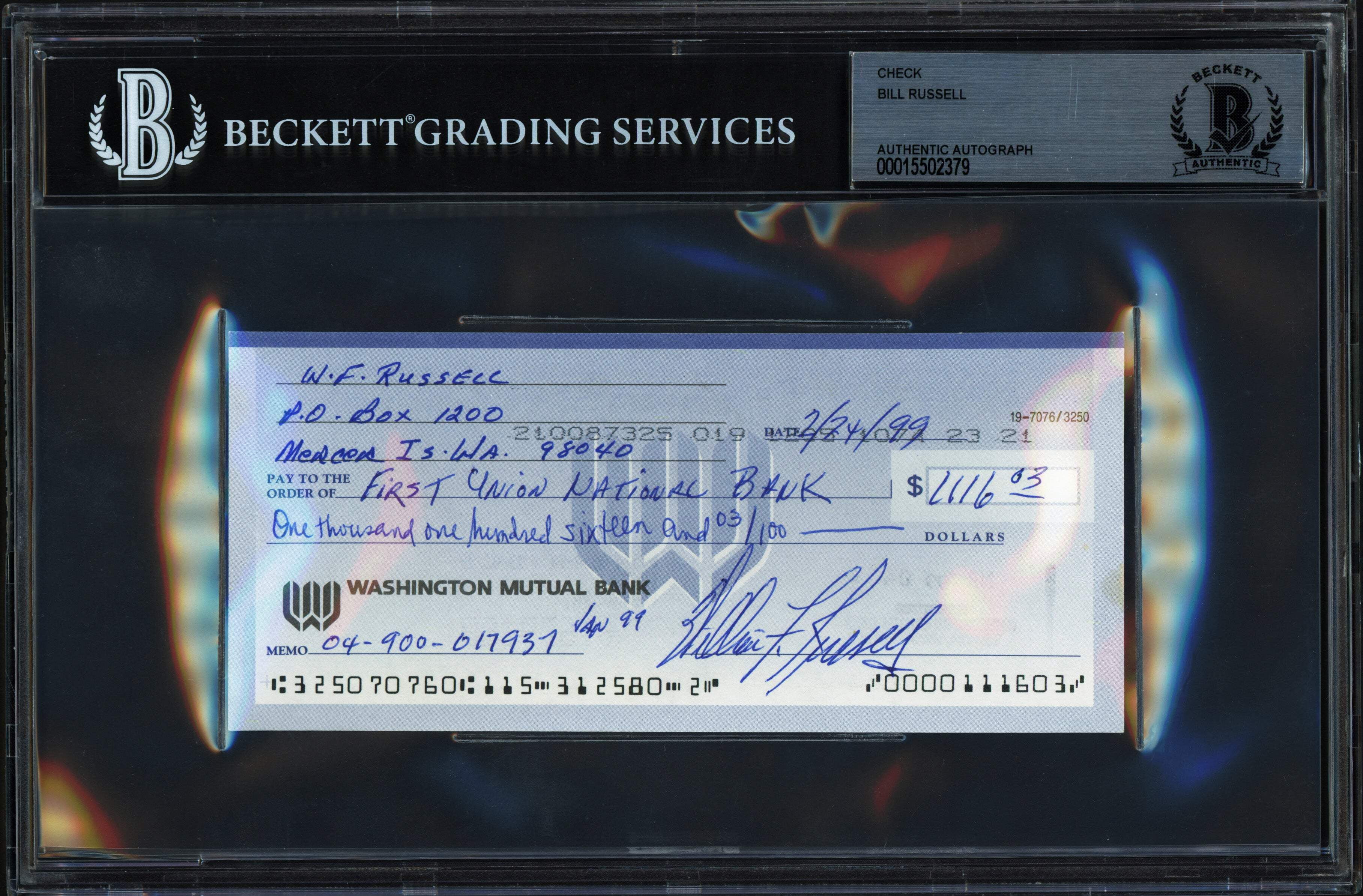 Bill Russell Autographed 3x6 Check Boston Celtics Beckett BAS Stock ...