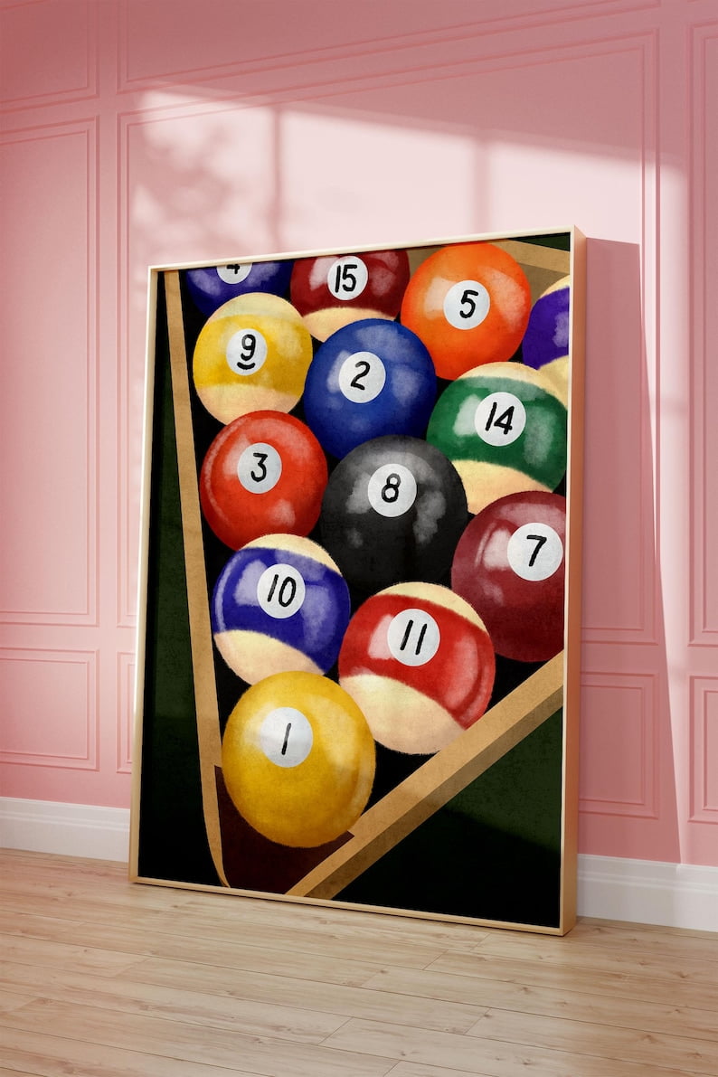 Billiard Balls Wall Art, Vintage Pool Table Decor, 8 Ball Room Print ...