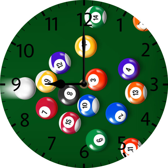 Billiard Room Shower Clock Billiards Pool Ball Clock 10 Inch Round Wood ...