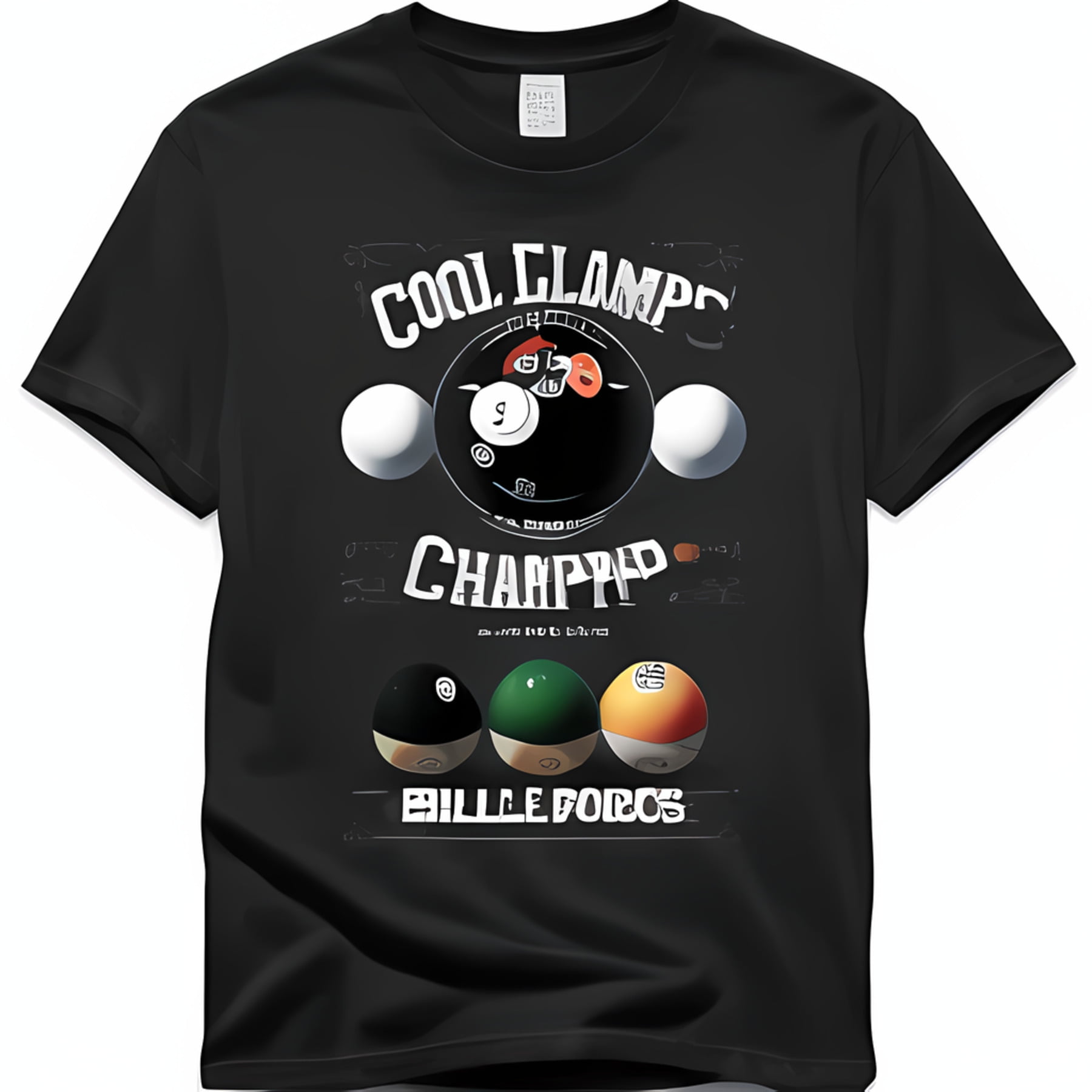 Billiards Balls & Pool Theme Font T-Shirt COOL CHAMP Design on Black ...
