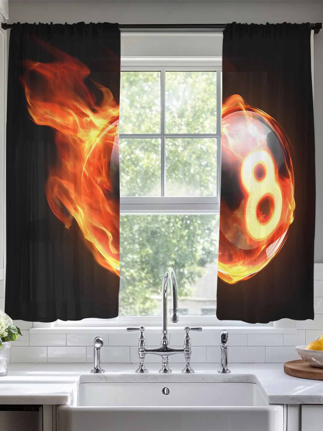 Billiards Flame Black Eight Chiffon Sheer Curtains 63 Inches Long ...