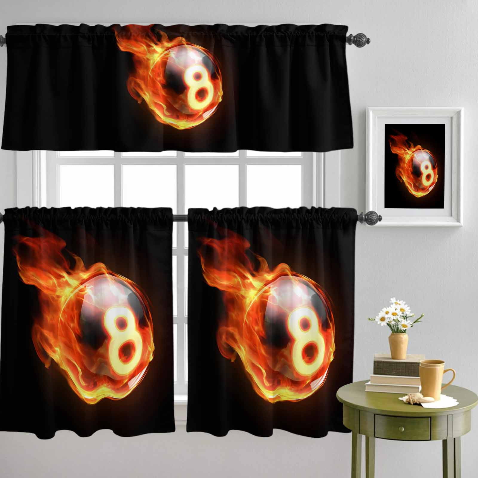 Billiards Flame Black Eight Curtain Tier and Valance Set 3 Piece ...