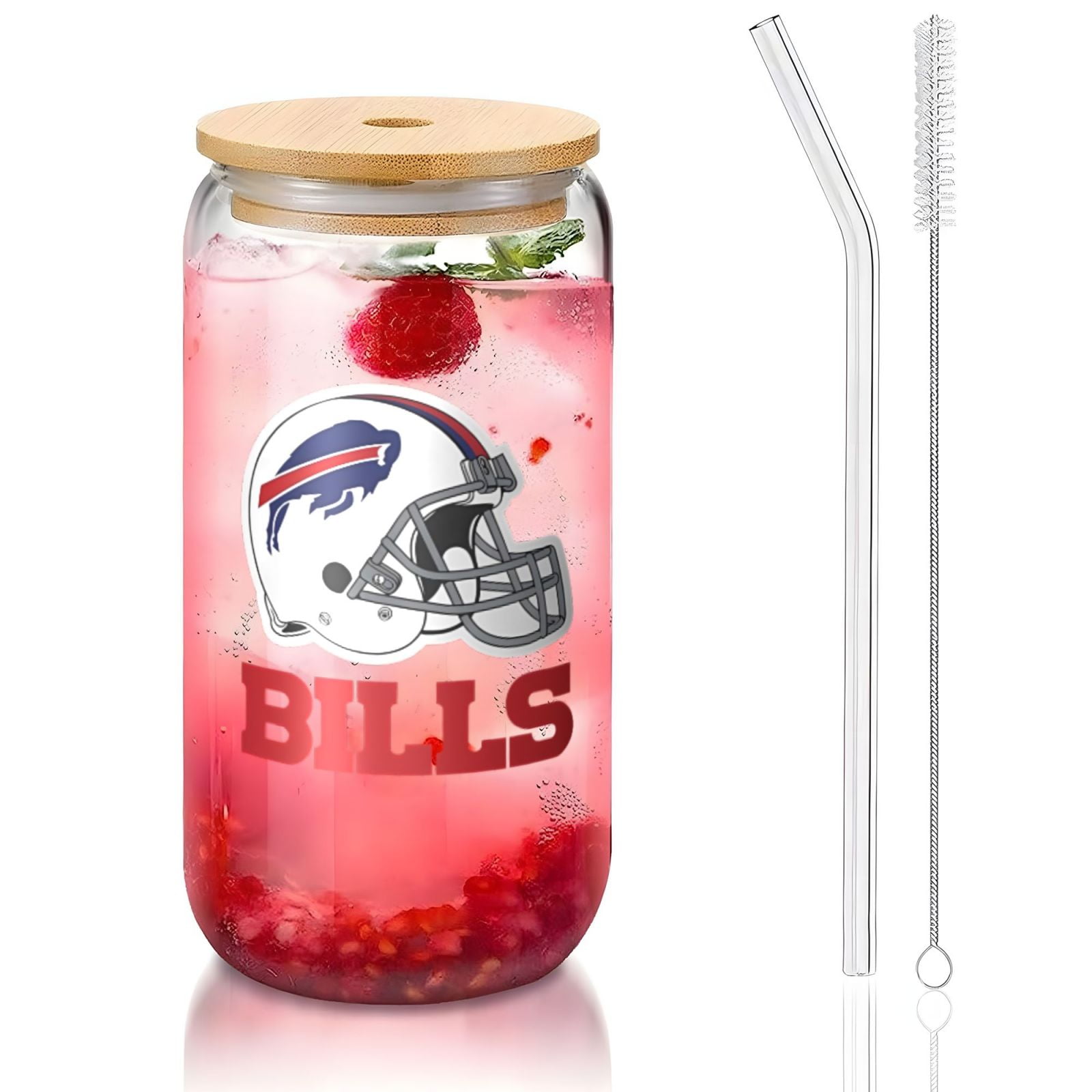 Bills Football Team 16 oz Glass with Bamboo Lid and Straw, Iced Coffee ...