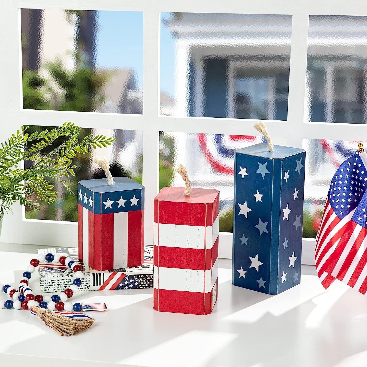 Bilot 3 Pcs Patriotic Firecracker Wooden Blocks, Wood Centerpiece ...