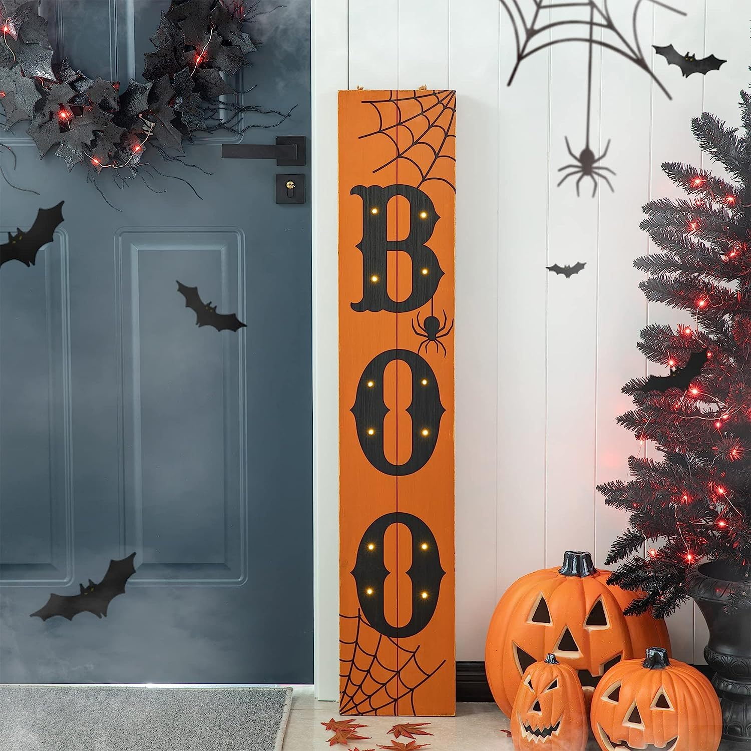 Bilot 42" H Porch Board Sign with 12 LED Lights, Lighted "BOO" Hanging ...