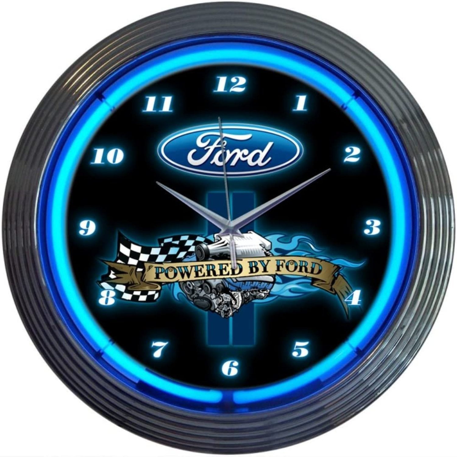 Bilot Powered by Ford Neon Wall Clock, 15", Chrome rim with a single ...