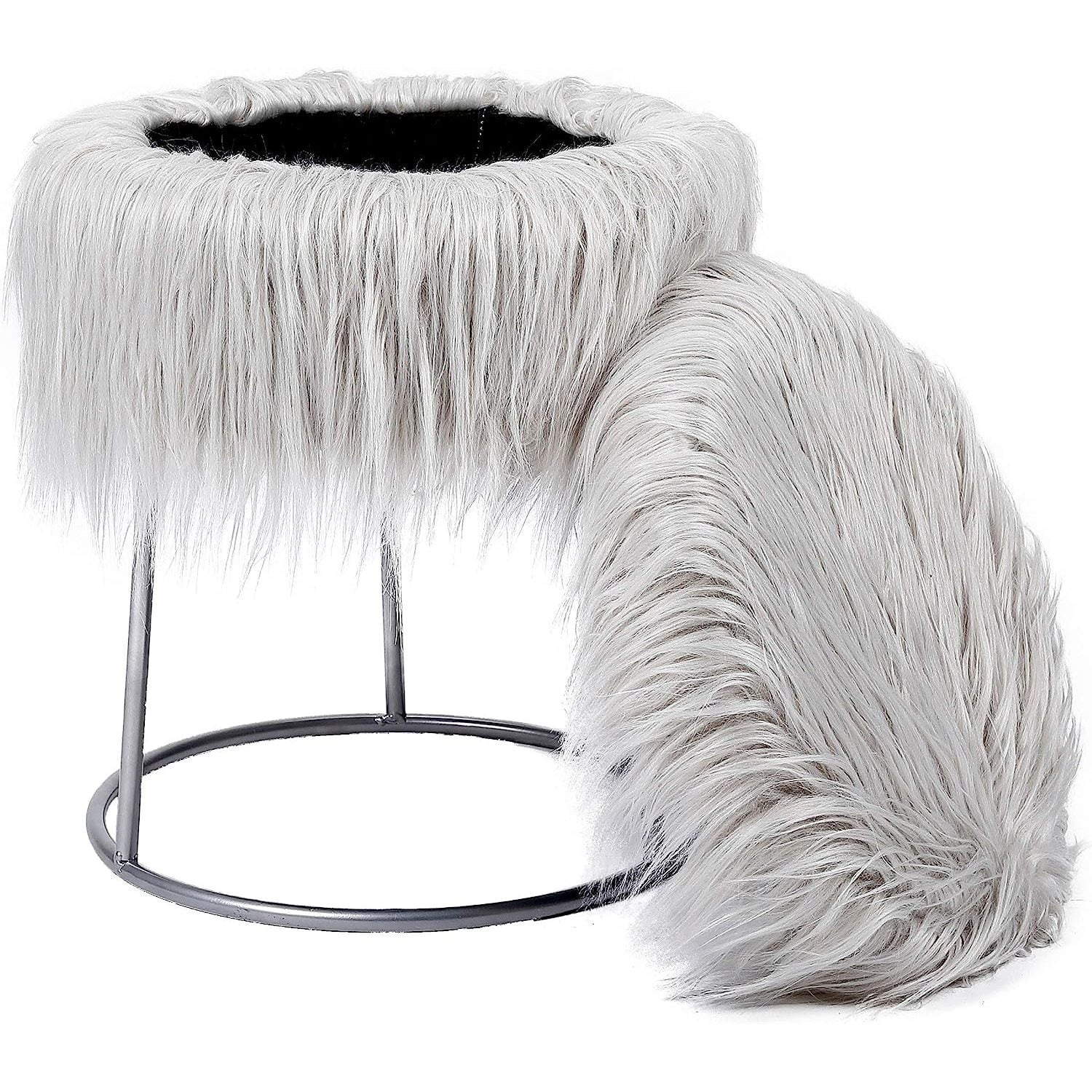 Bilot Round Grey Faux Fur Foot Stool Storage Ottoman with Silver Legs ...