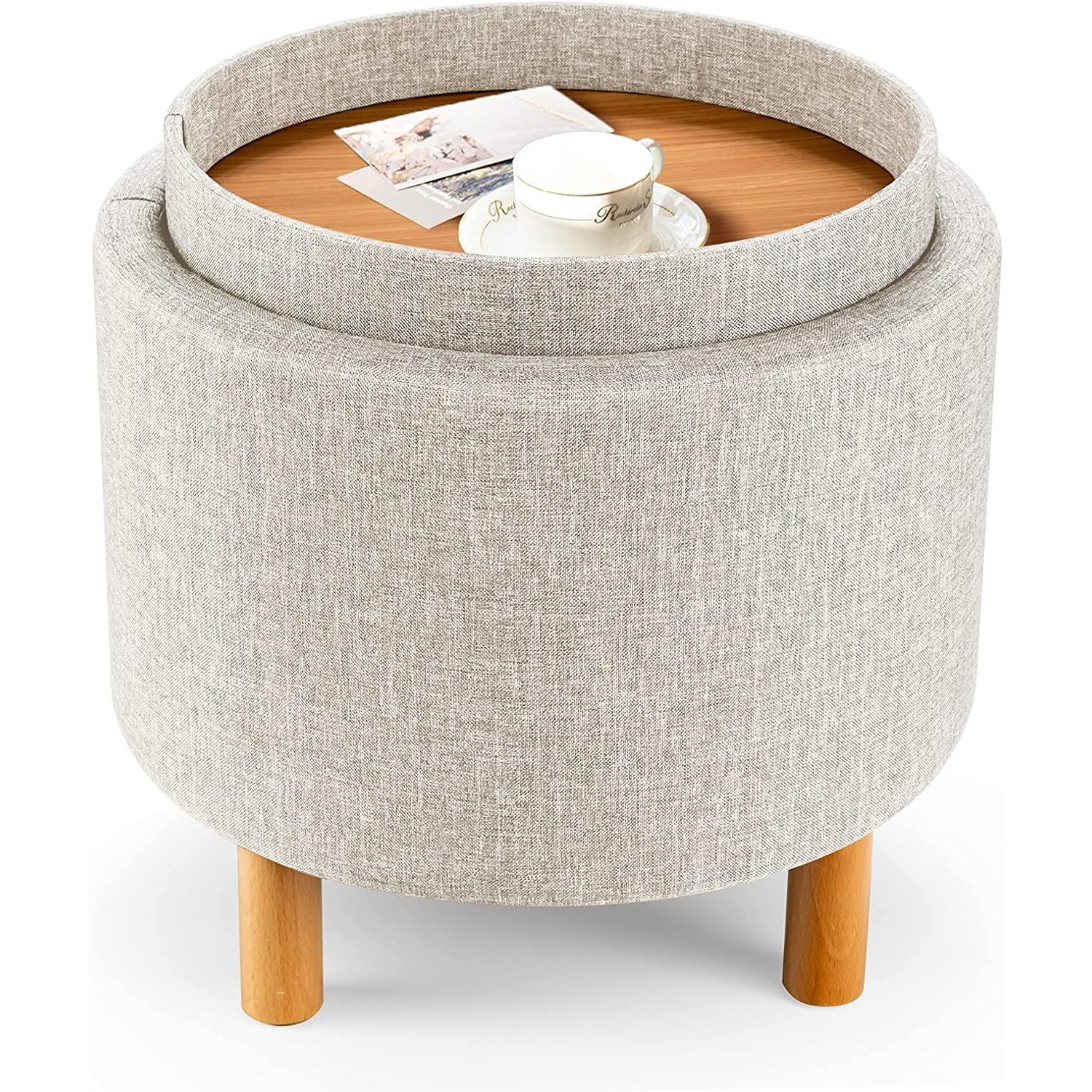 Bilot Round Storage Ottoman with Tray, Accent Storage Footstool w/ Soft ...