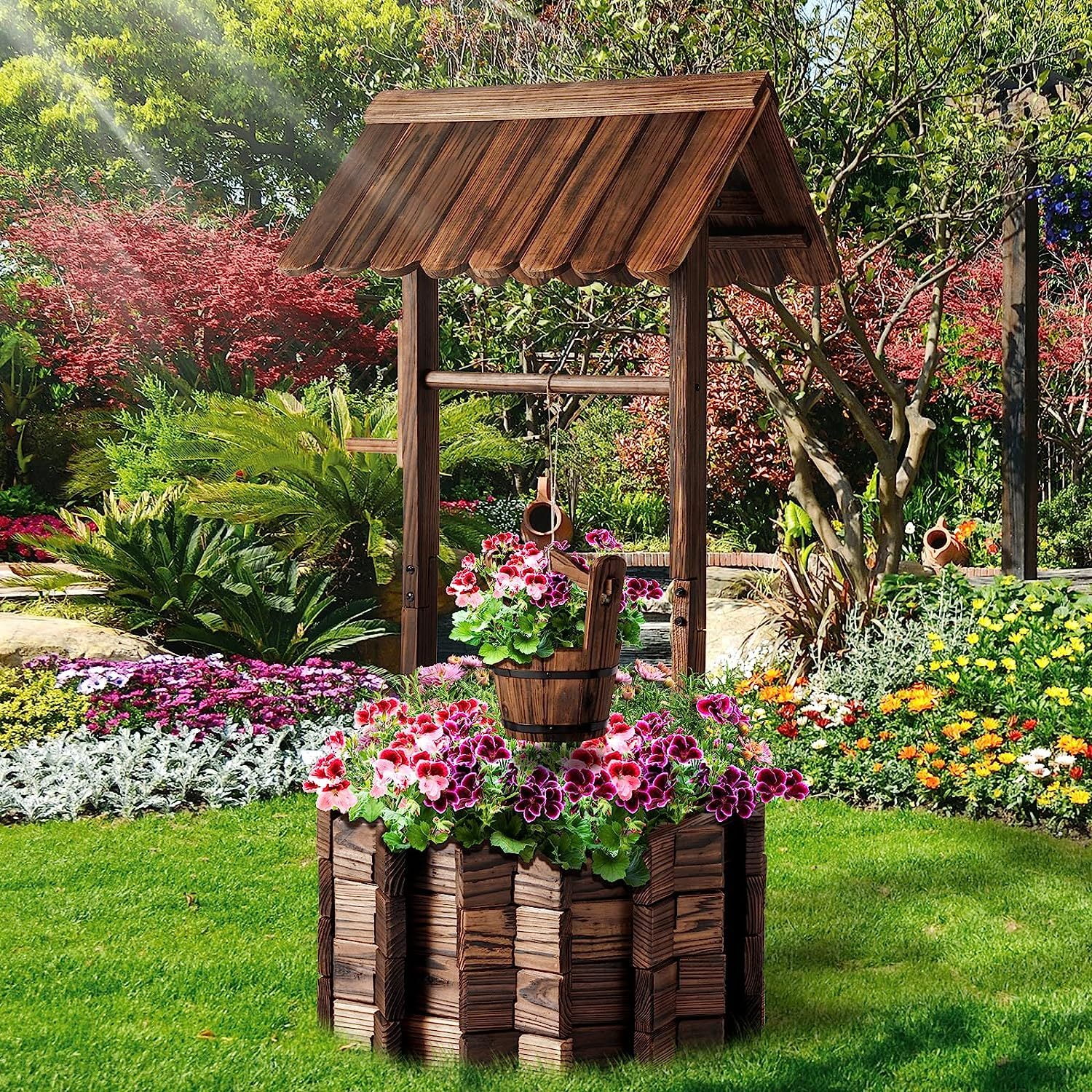 Bilot Wooden Wishing Well Planter with Hanging Bucket for Flower and ...