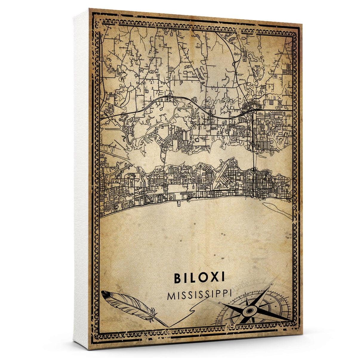 Biloxi Vintage Map Prints Canvas, Mississippi Map Art Canvas, Canvas ...