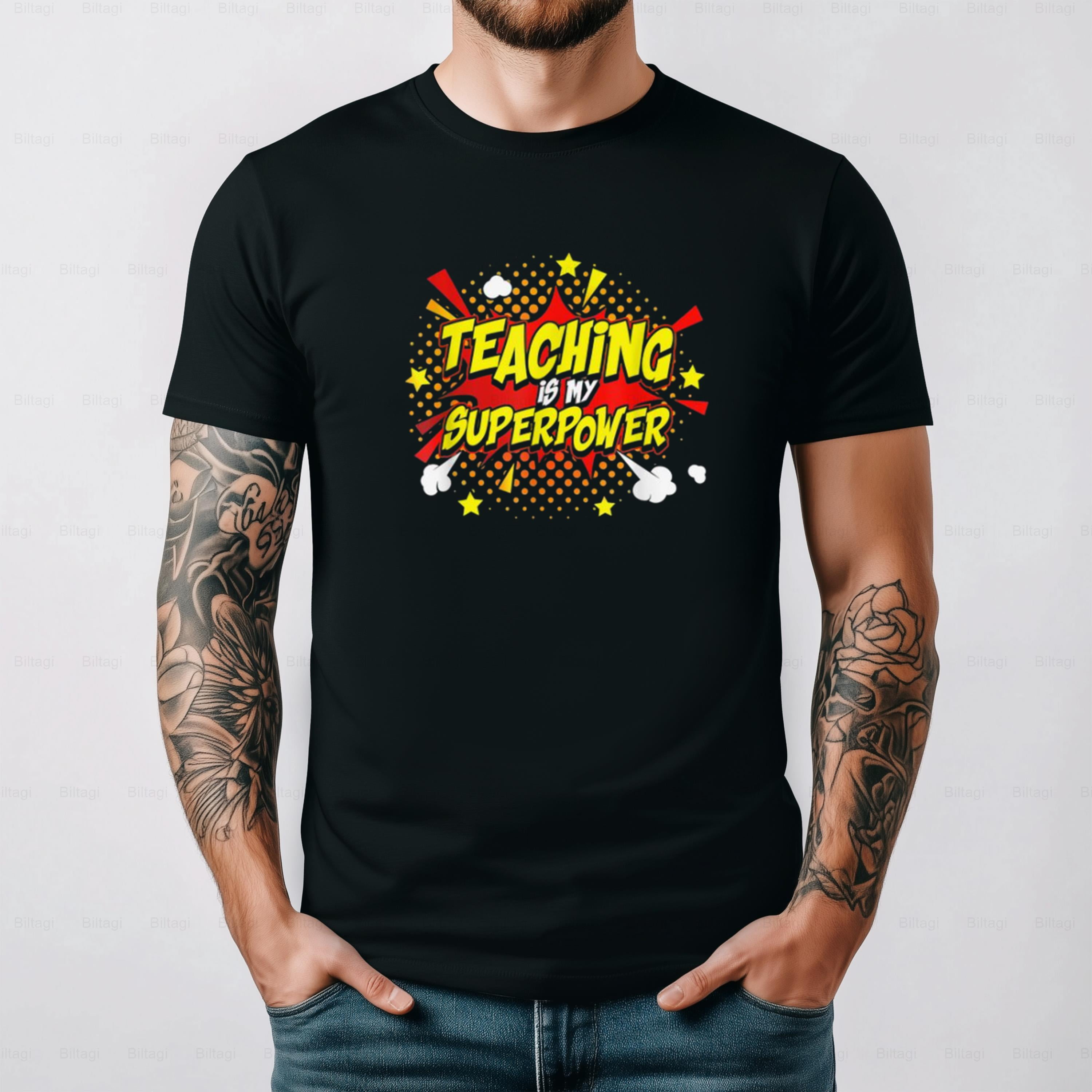 Biltagi Teacher T-Shirt, Teaching Is My Superpower Comic Tee, for men ...
