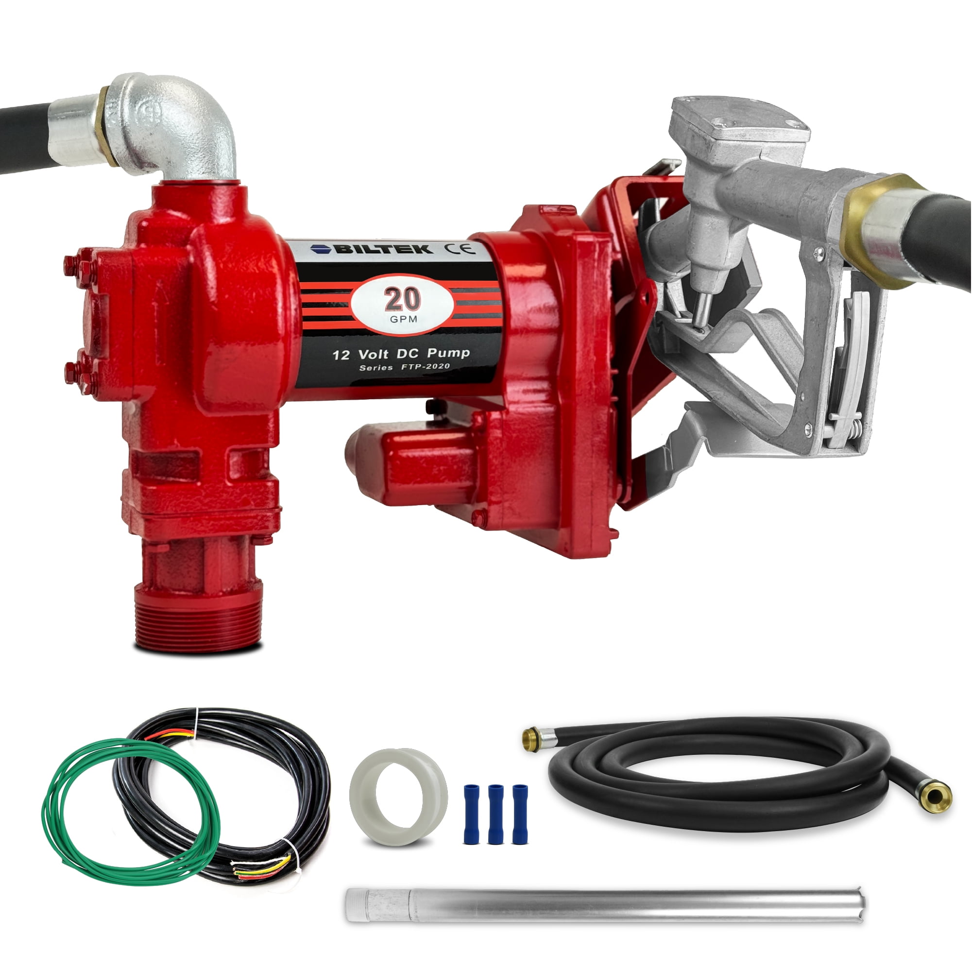 Biltek 20 GPM 12V Fuel Transfer Pump with Discharge Hose & Nozzle, Oil ...