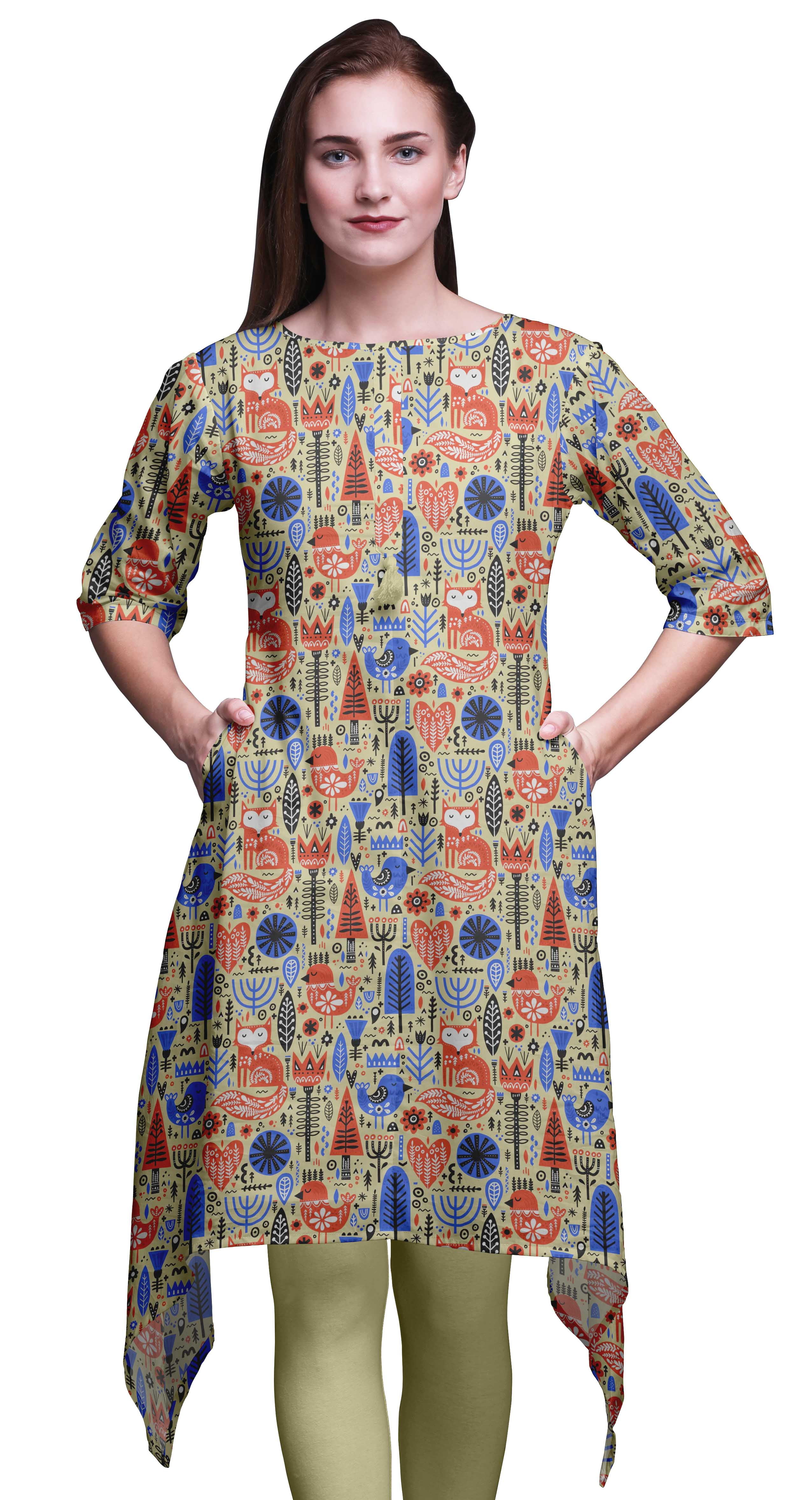 Bimba Beige Tree & Fox Folk Art Women Kurtas Ethnic Printed Asymmetric ...