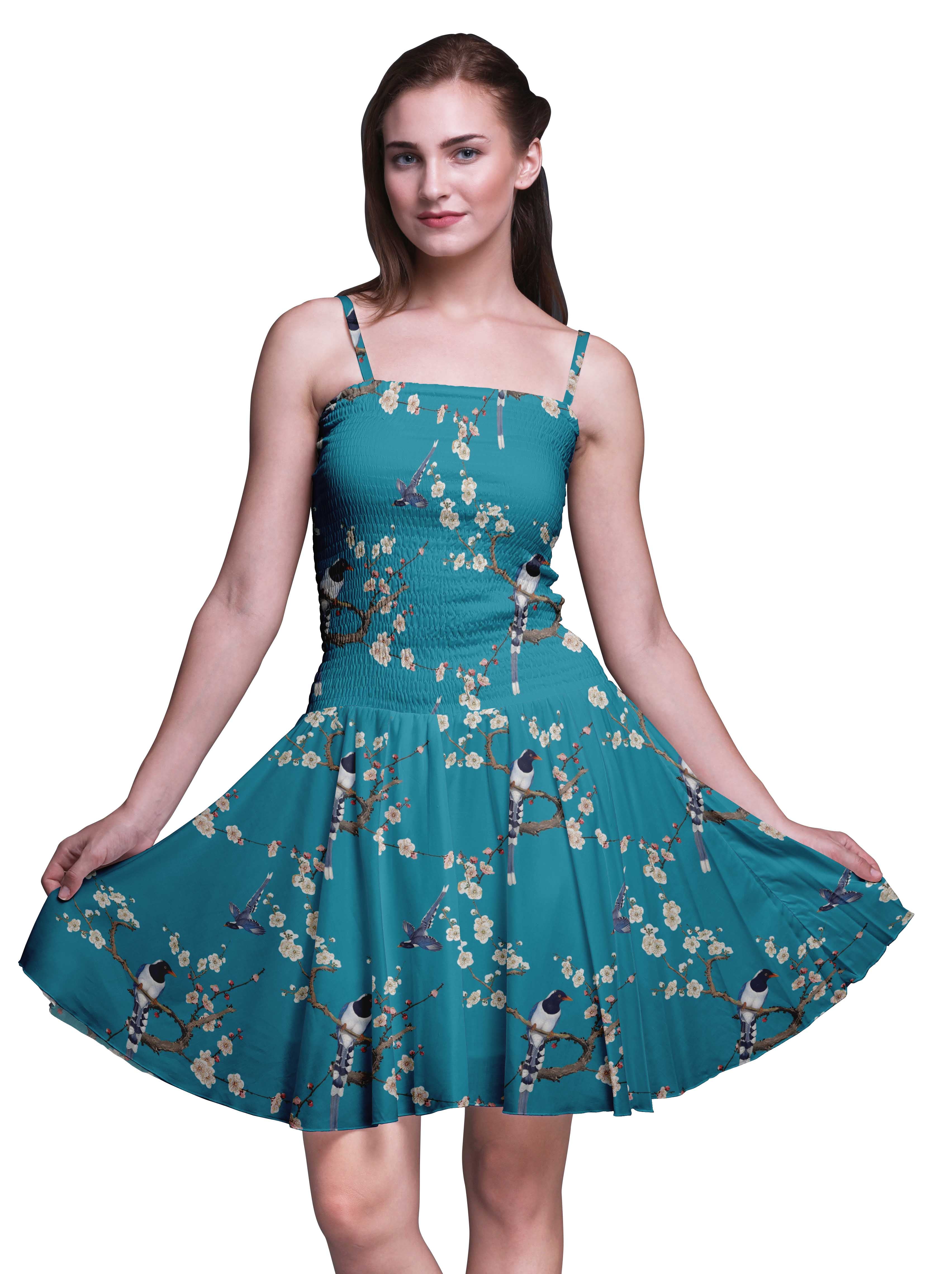 Bimba Bird Ladies Smocked Waist Mini Sun Dress Printed Summer Holiday ...