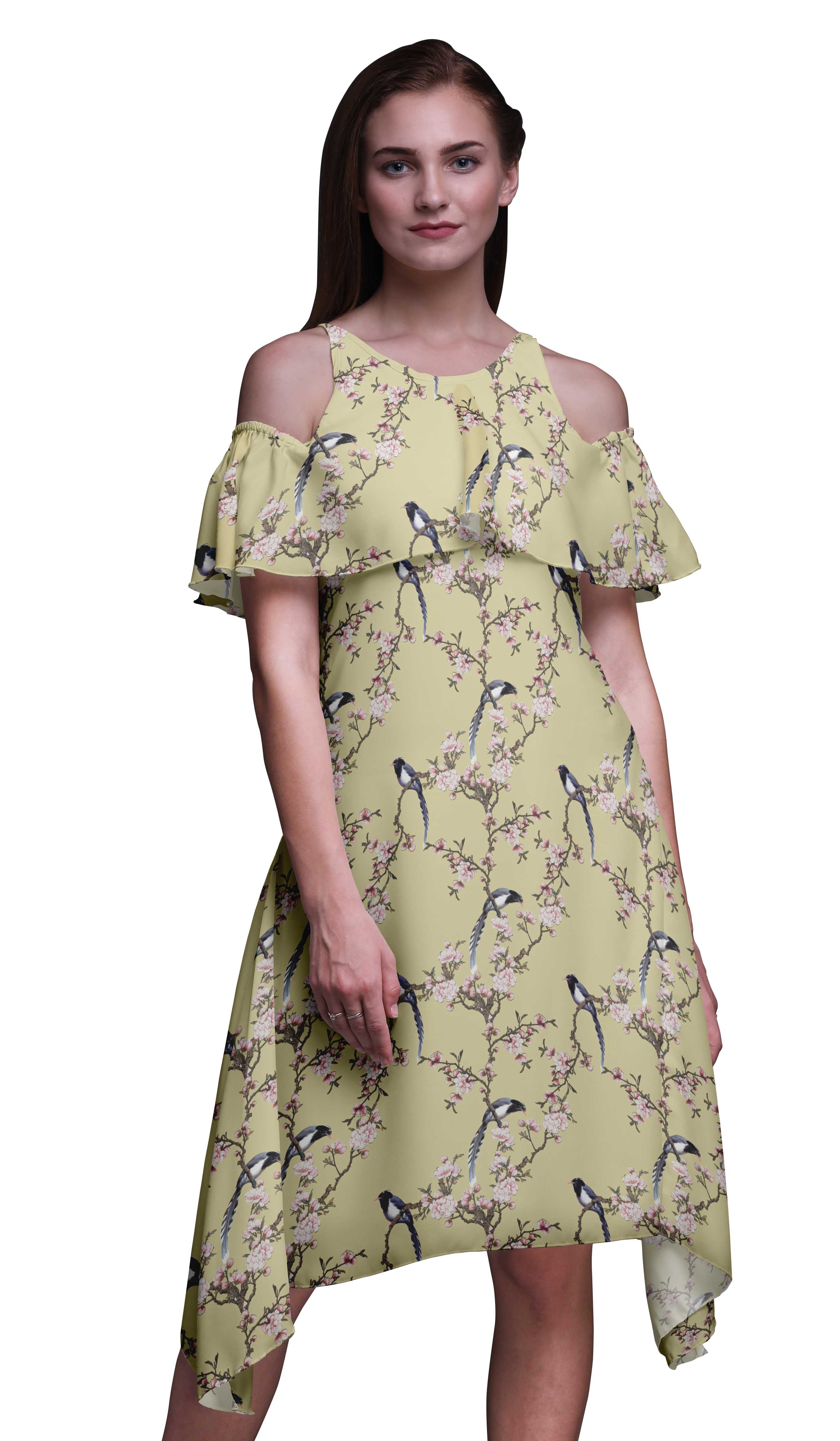 Bimba Bird Printed Womenâ€™s Ruffle Front Cold Shoulder Swing Shift ...