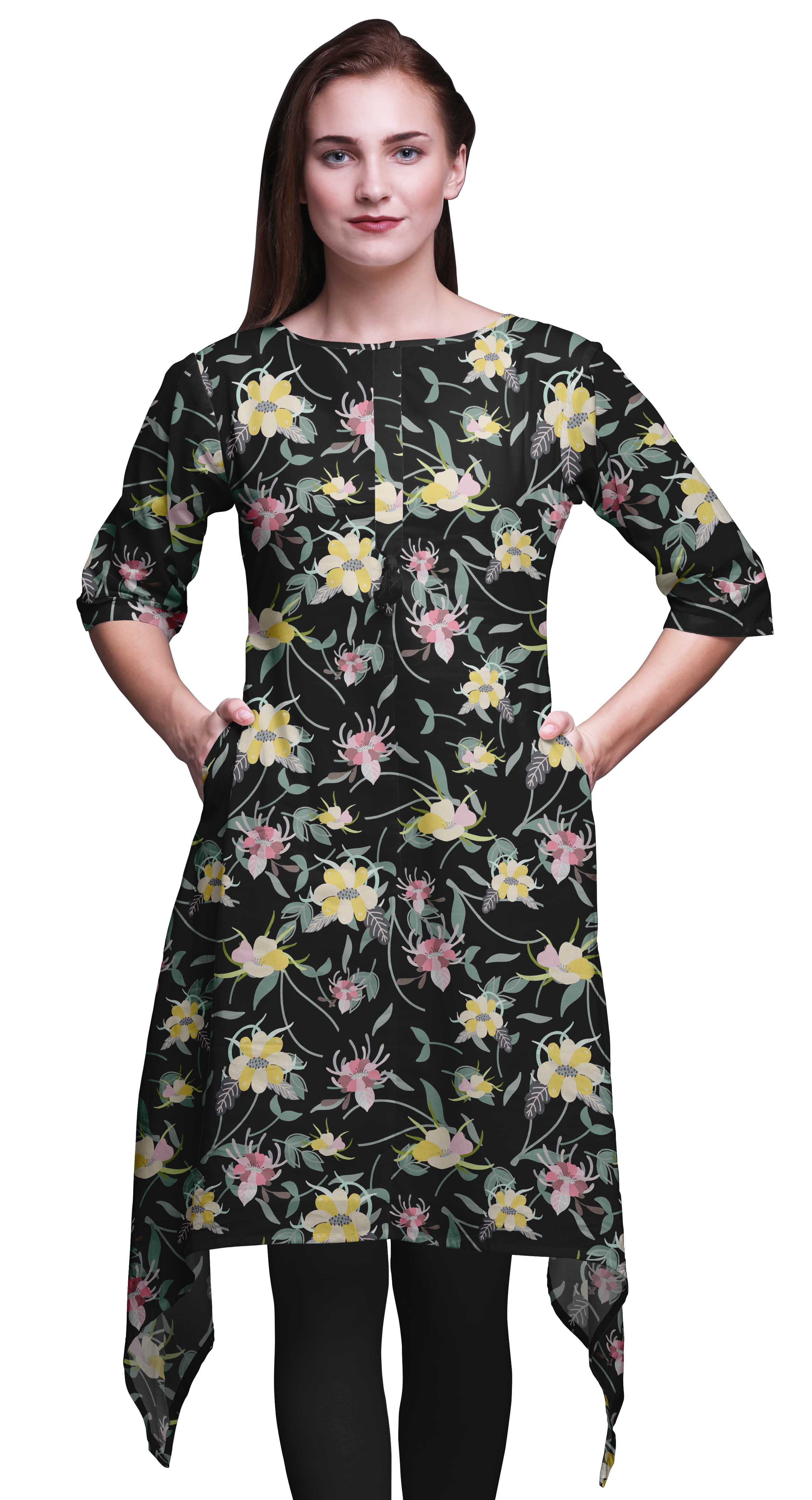 Bimba Black Artistic Leaf & Floral Indian Tunic Tops For Girls Printed ...