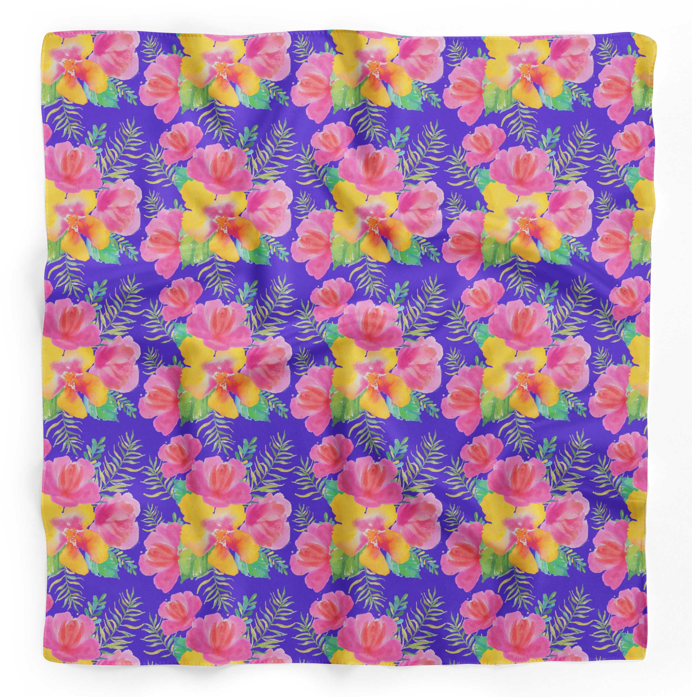 Bimba Blue Flower Floral Printed Pure Silk Scarf For Hair Neck Head ...