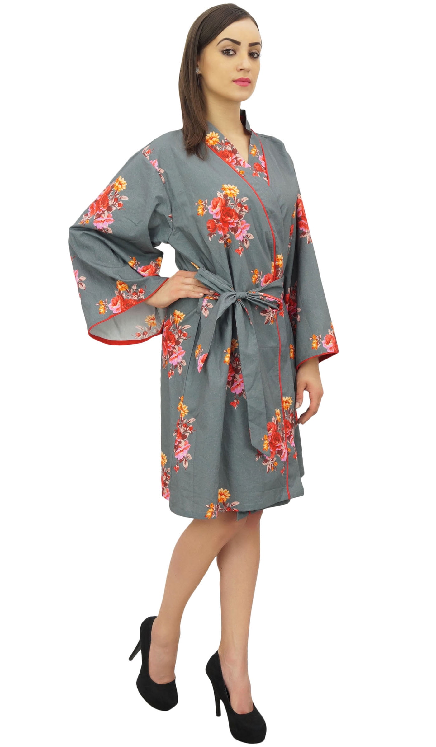 Bimba Cotton Poplin Floral Print Bridesmaid Sleepwear Kimono Robe With ...