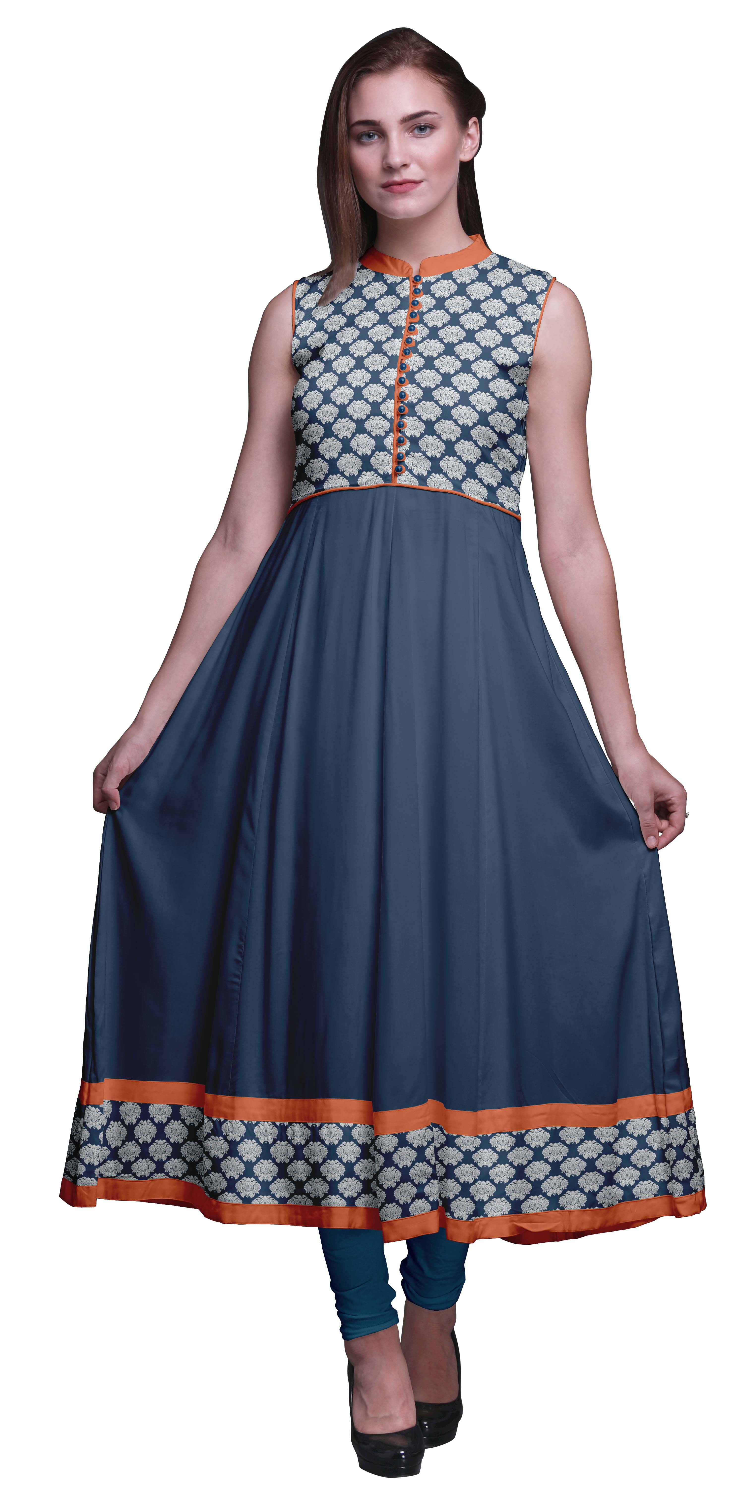 Bimba Dark Navy Blue Damask Anarkali Dress For Women Indian Ethnic Printed Kurti Long Kurta ...