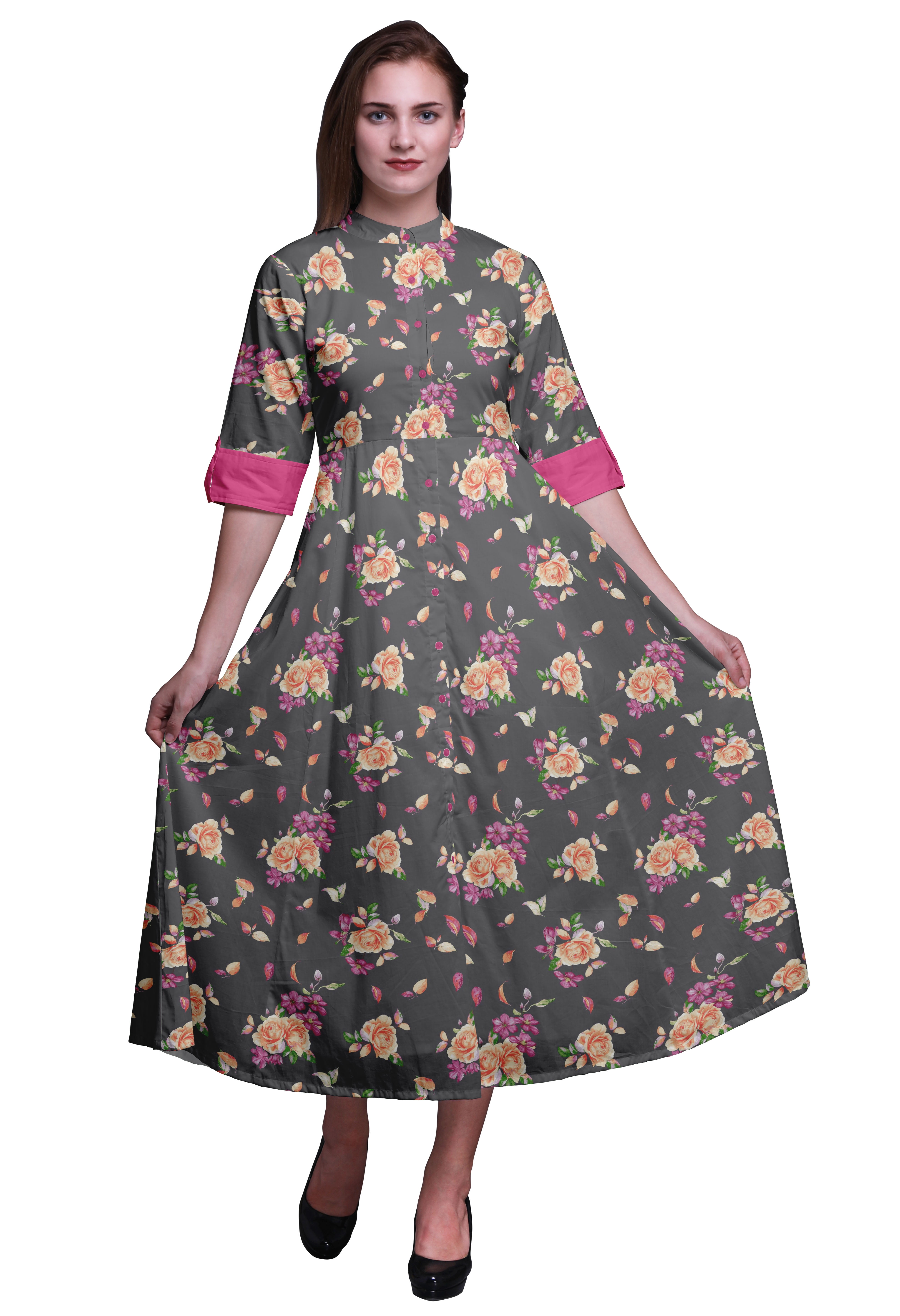 Bimba Floral Button Down Dress Print Mandarin Collar Roll Up Sleeves ...