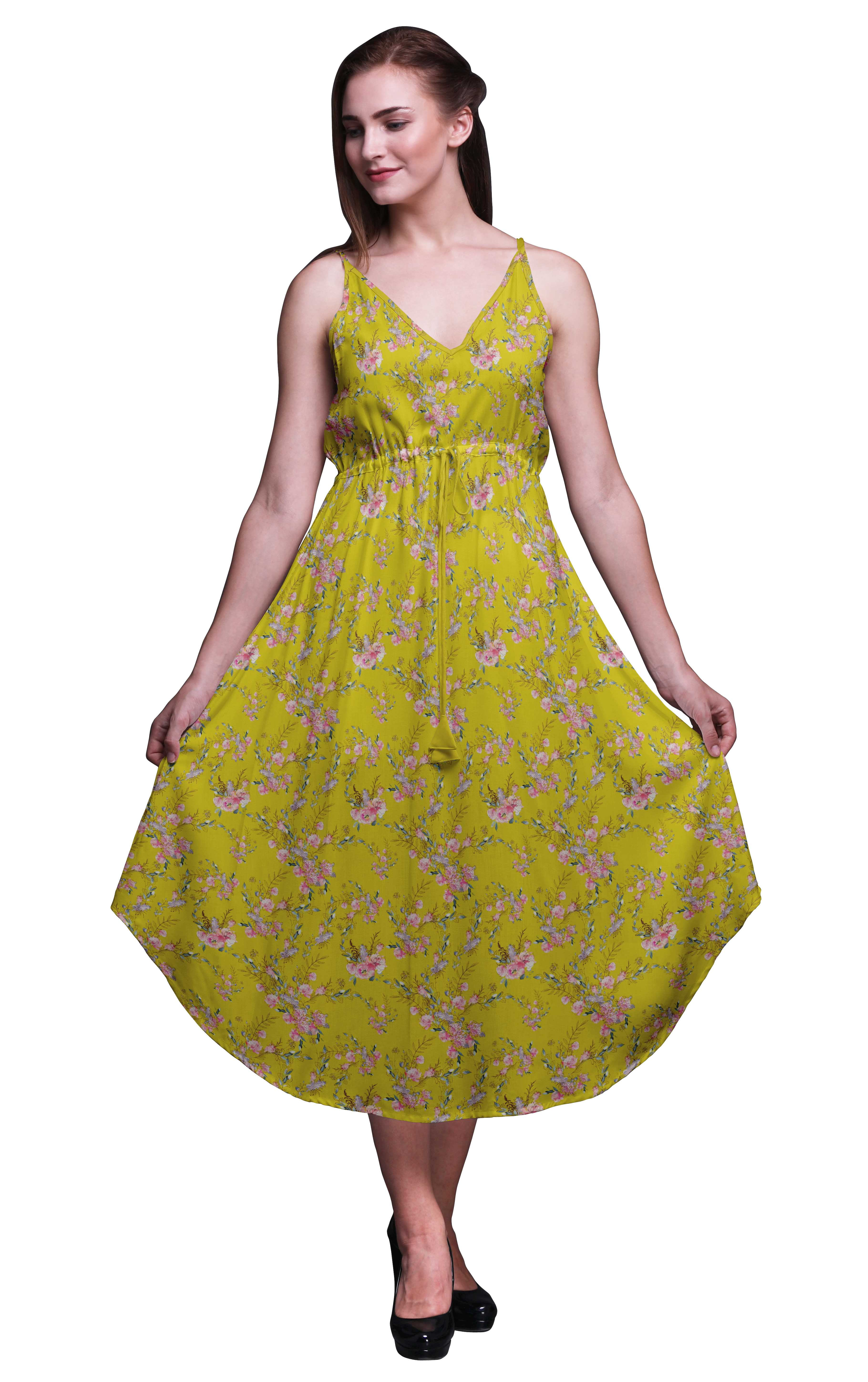 Bimba Floral Ladies Printed Resort Midi Drawstring Dress Spaghetti ...