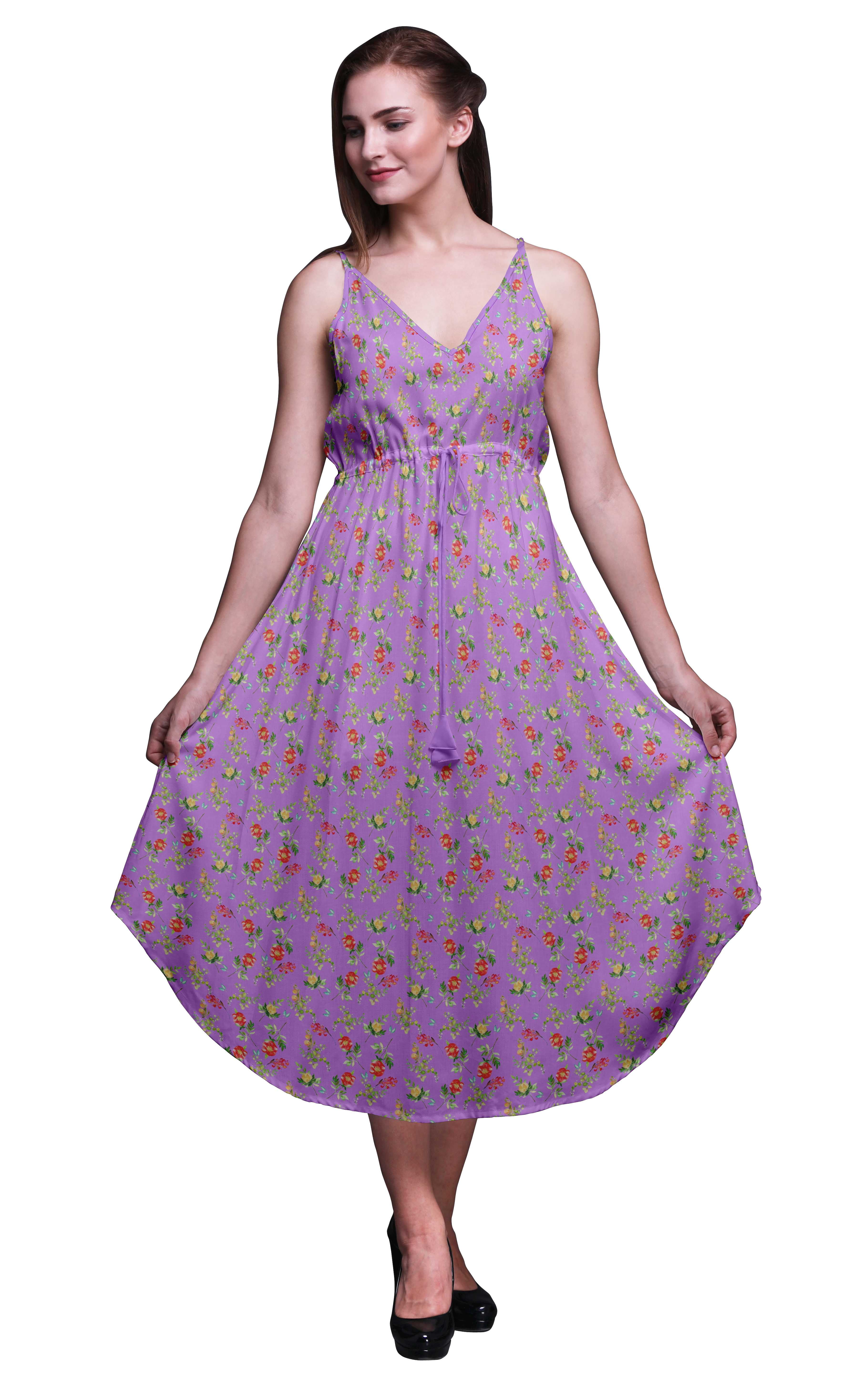 Bimba Floral Ladies Printed Resort Midi Drawstring Dress Spaghetti ...