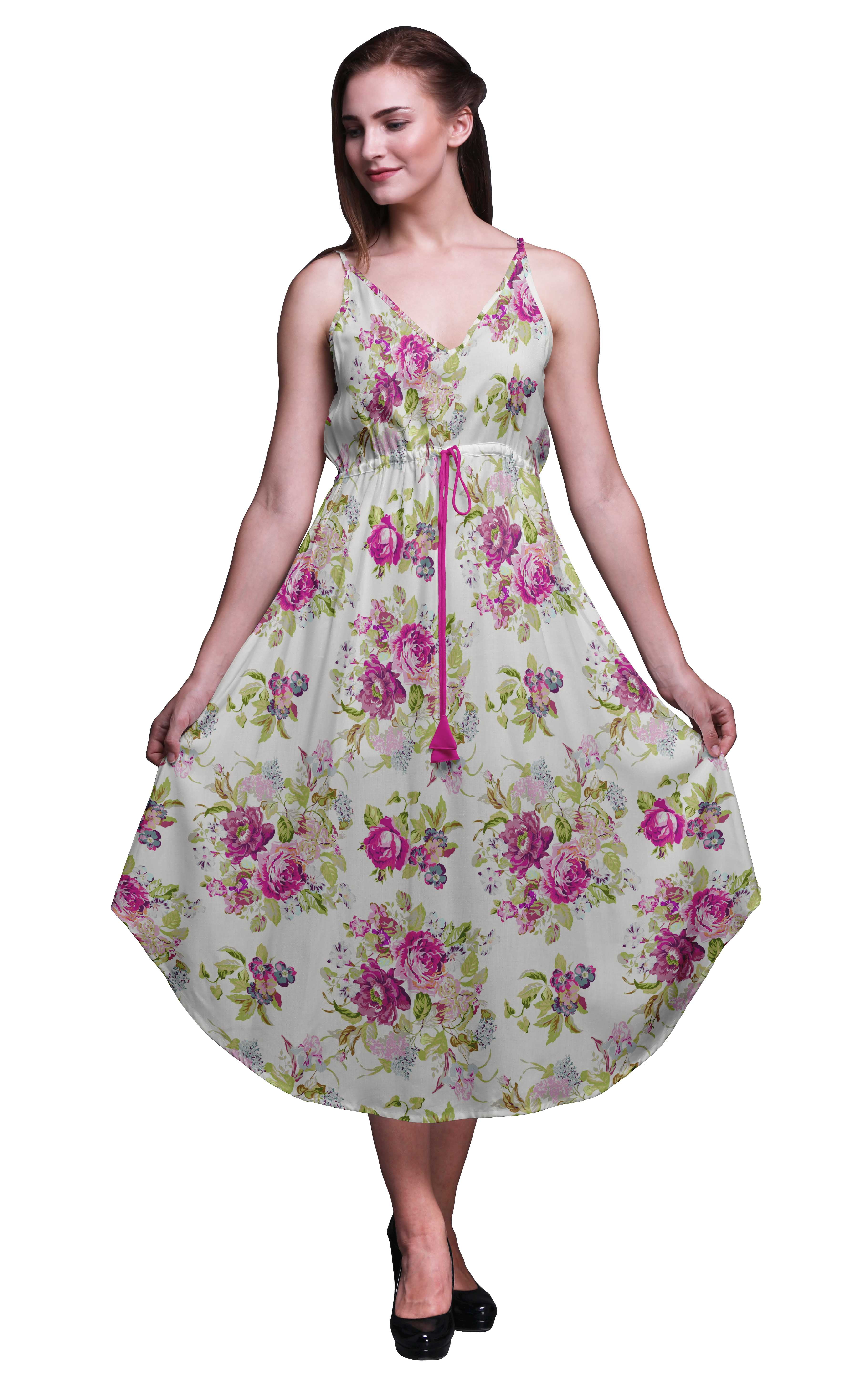 Bimba Floral Ladies Printed Resort Midi Drawstring Dress Spaghetti ...