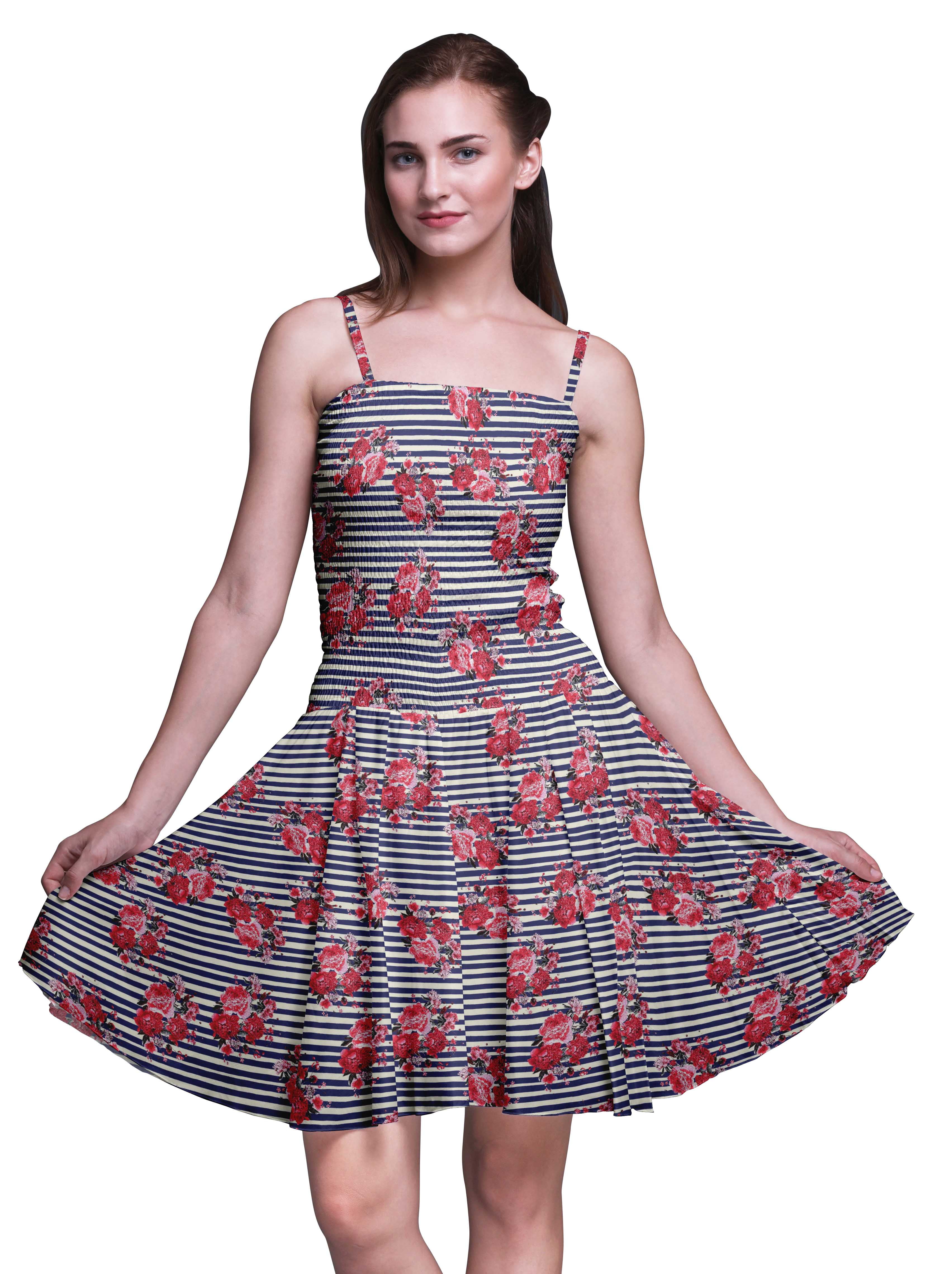 Bimba Floral Ladies Smocked Waist Mini Sun Dress Printed Summer Holiday ...