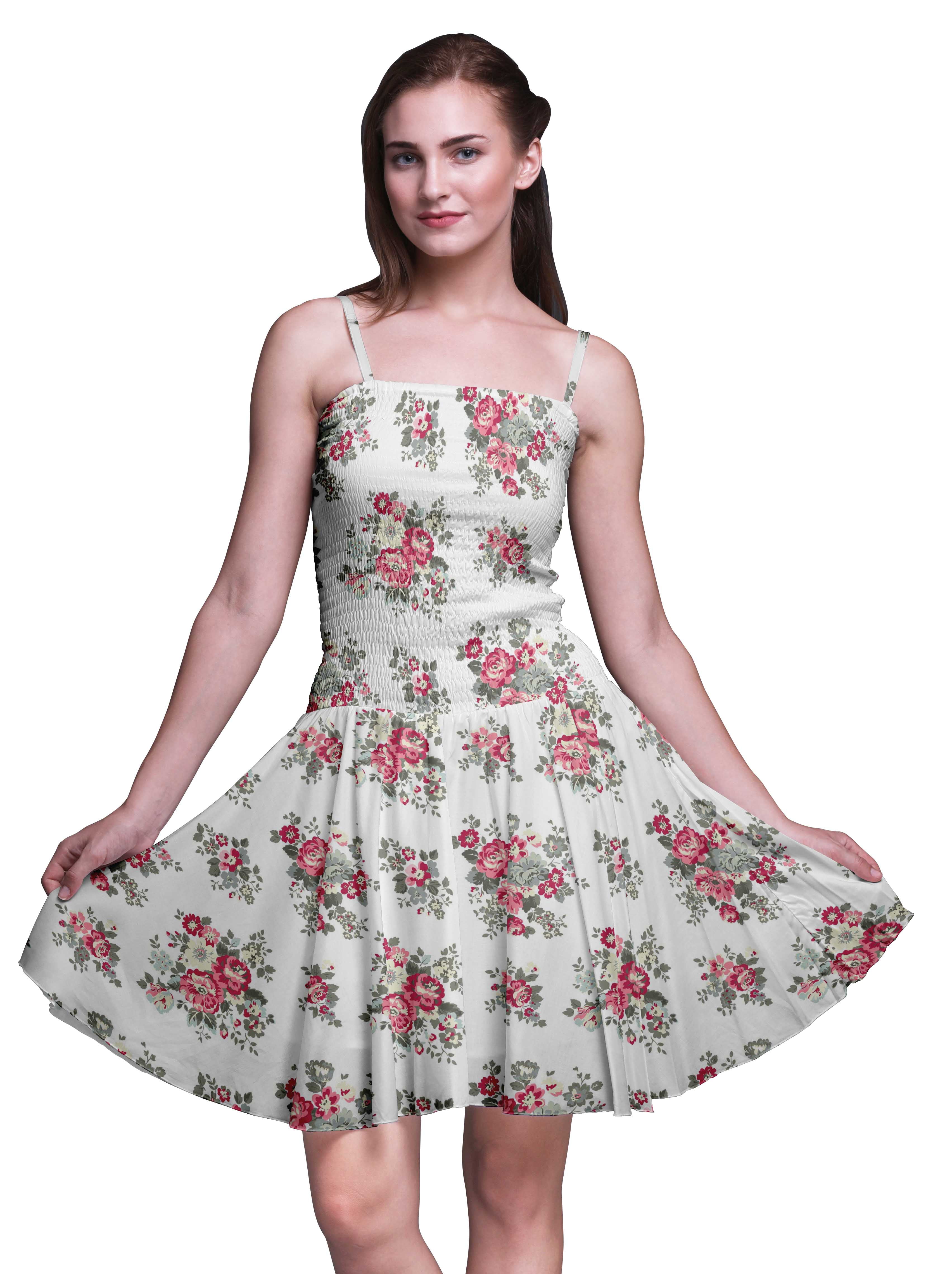 Bimba Floral Ladies Smocked Waist Mini Sun Dress Printed Summer Holiday ...