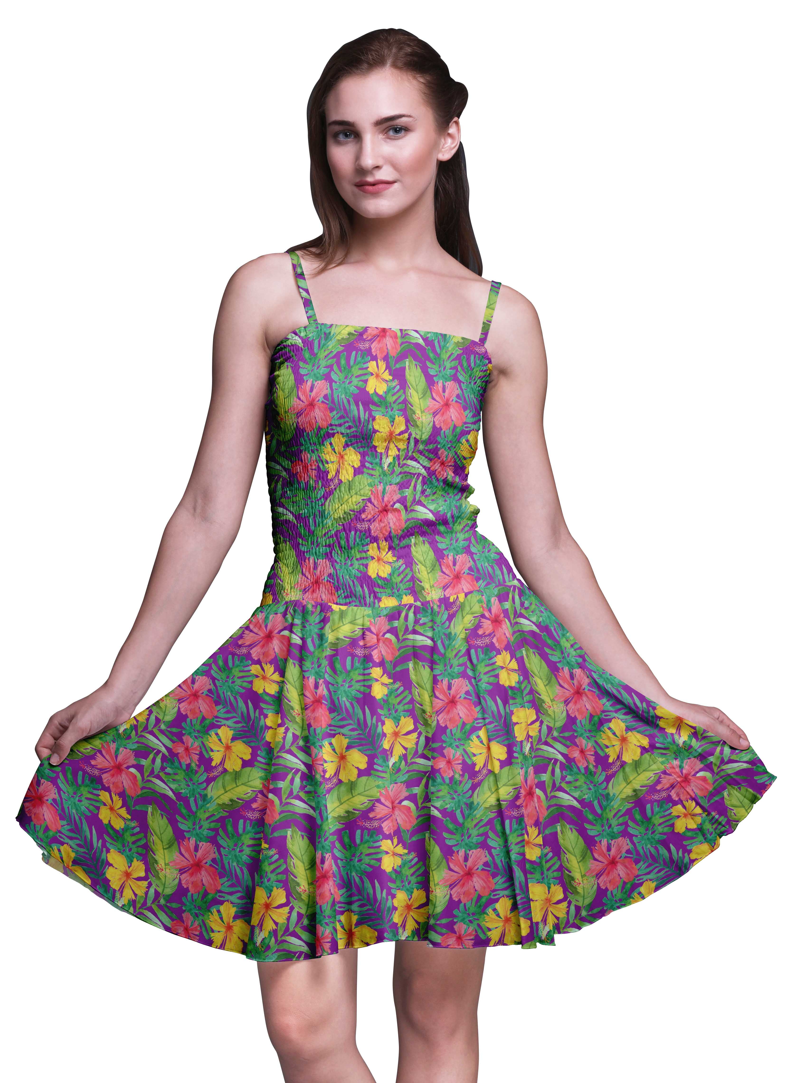 Bimba Floral Women Smocked Above Knee Cocktail Dress Flowy Summer Sun ...