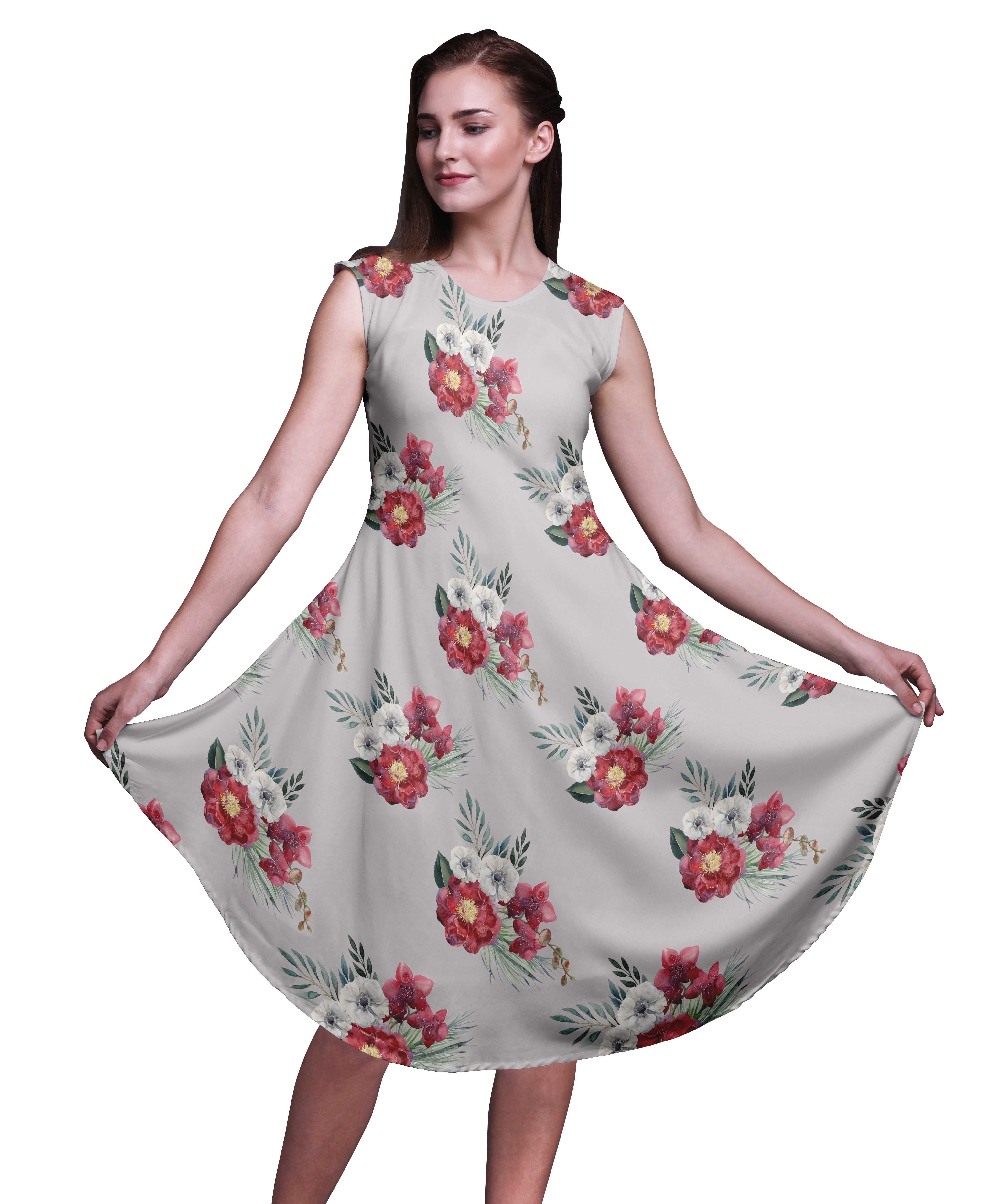 Bimba Gray Peony & Anemone Floral Printed Knee Length Ladies Sleeveless Holiday Wear Tank Dress ...