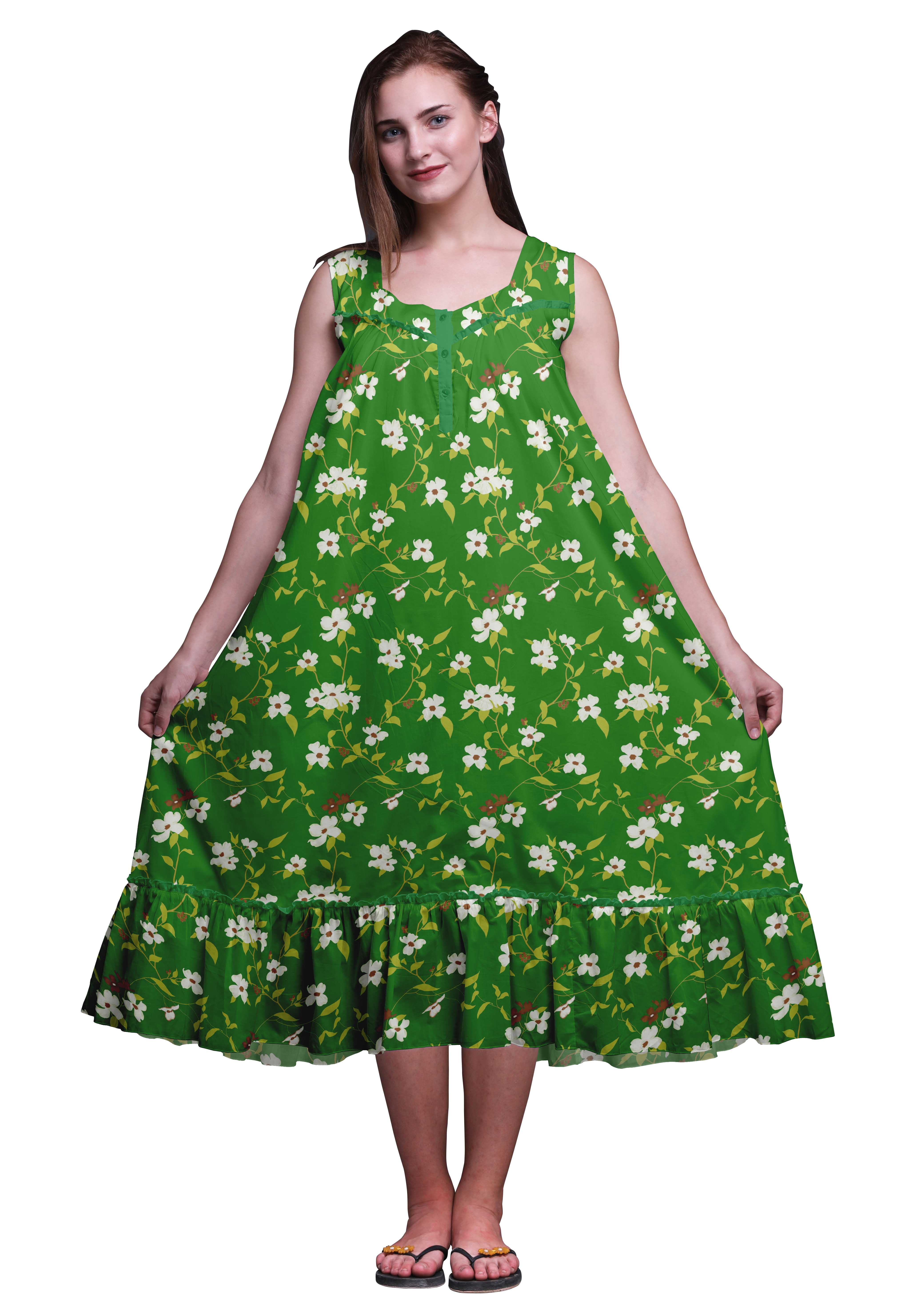 Bimba Green Floral Leaves & White Flower Mid Calf Nightwear Ladies ...