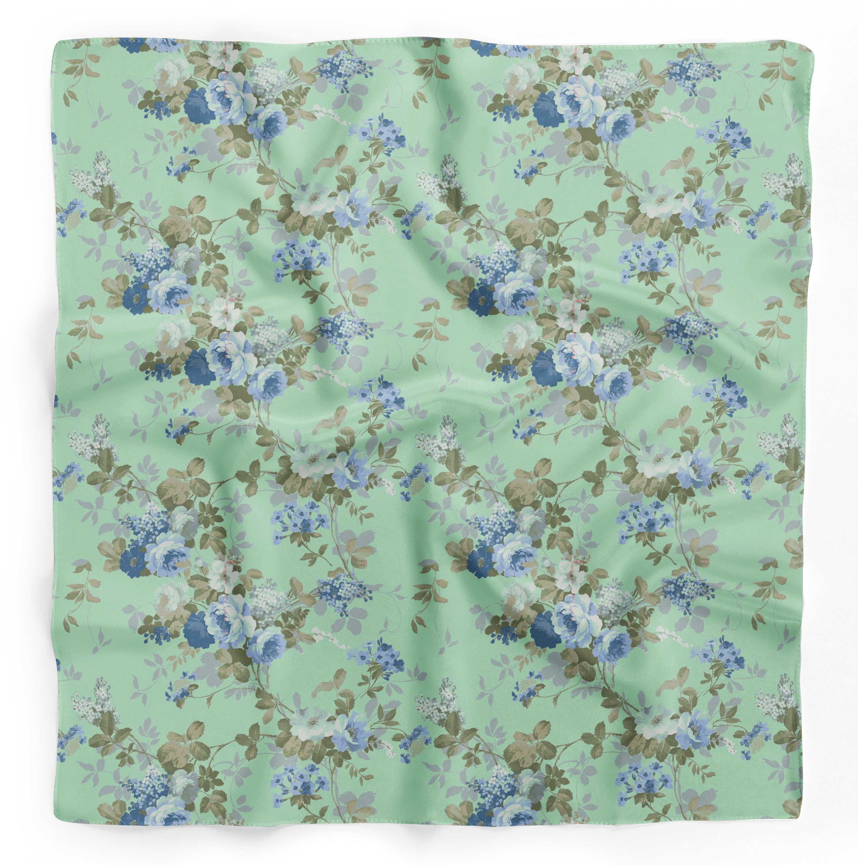 Bimba Green Leaves & Blue Flower Floral Pure Silk Printed Scarf Dupatta ...