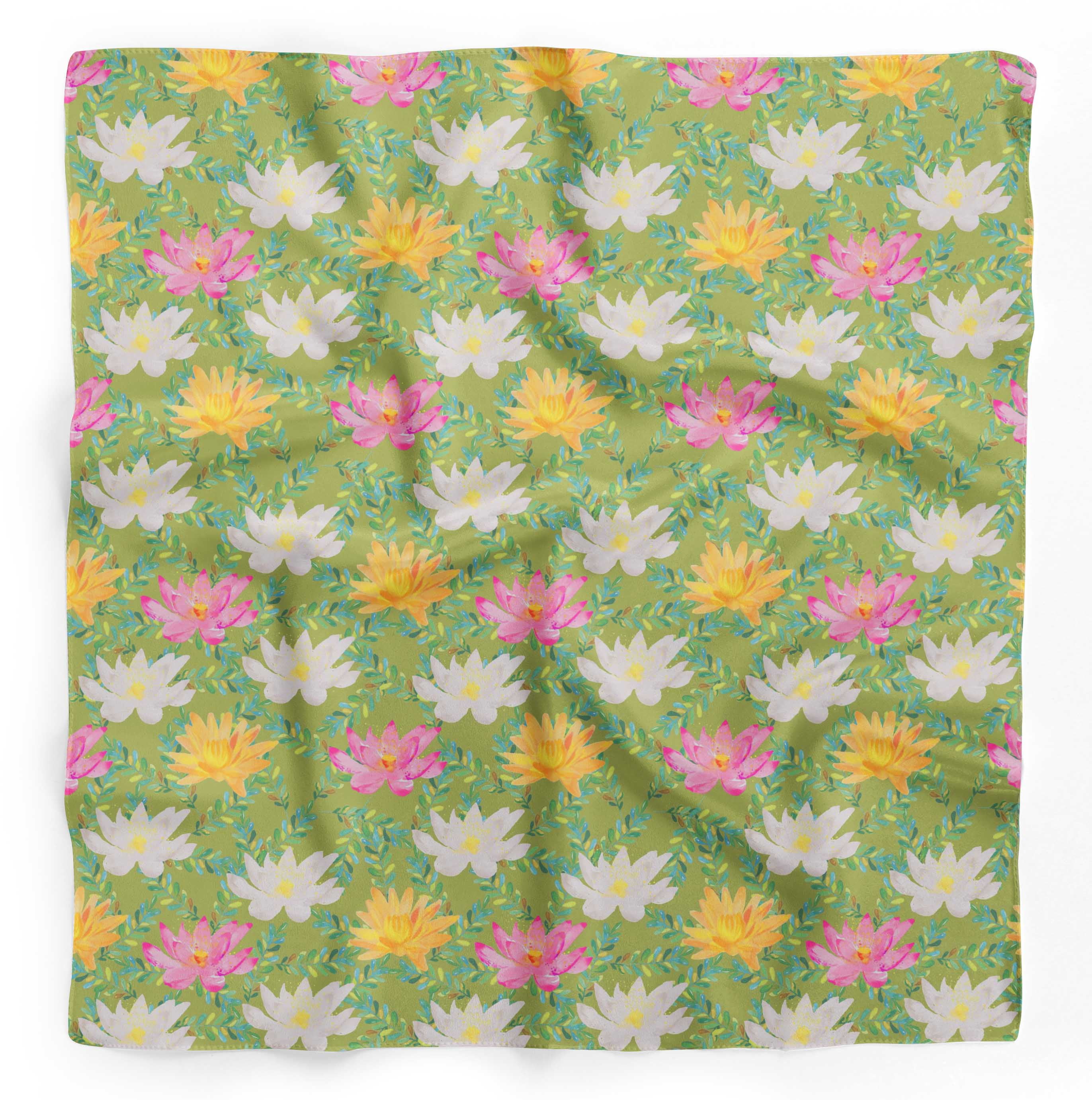 Bimba Green Leaves & Water Lily Floral Printed Pure Silk Scarf For Hair ...