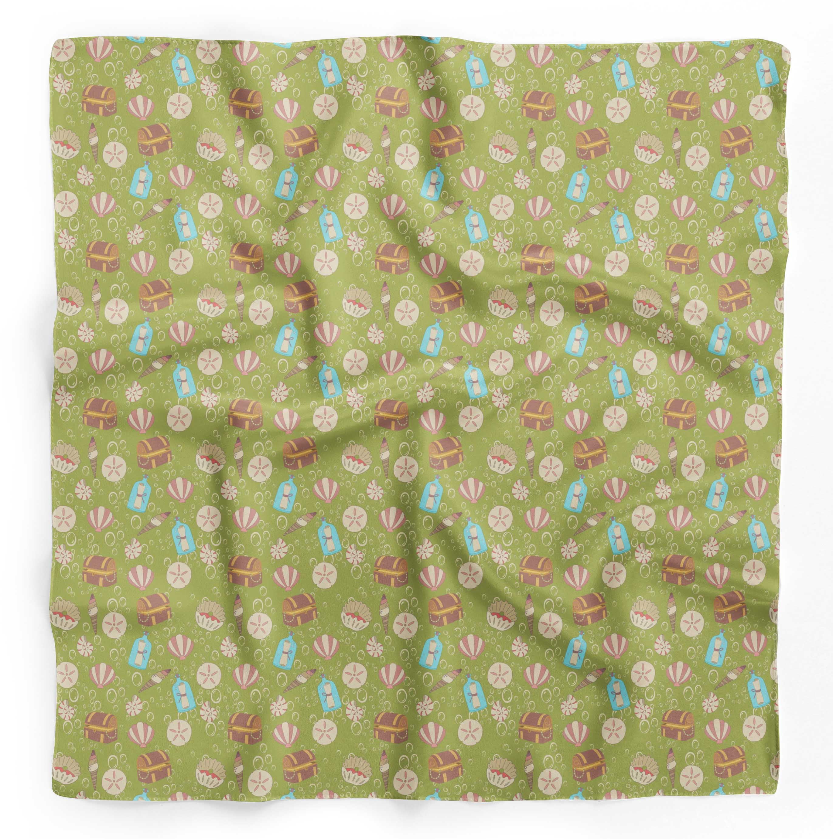 Bimba Green Treasure & Seashell Ocean Printed Pure Silk Scarf For Hair ...