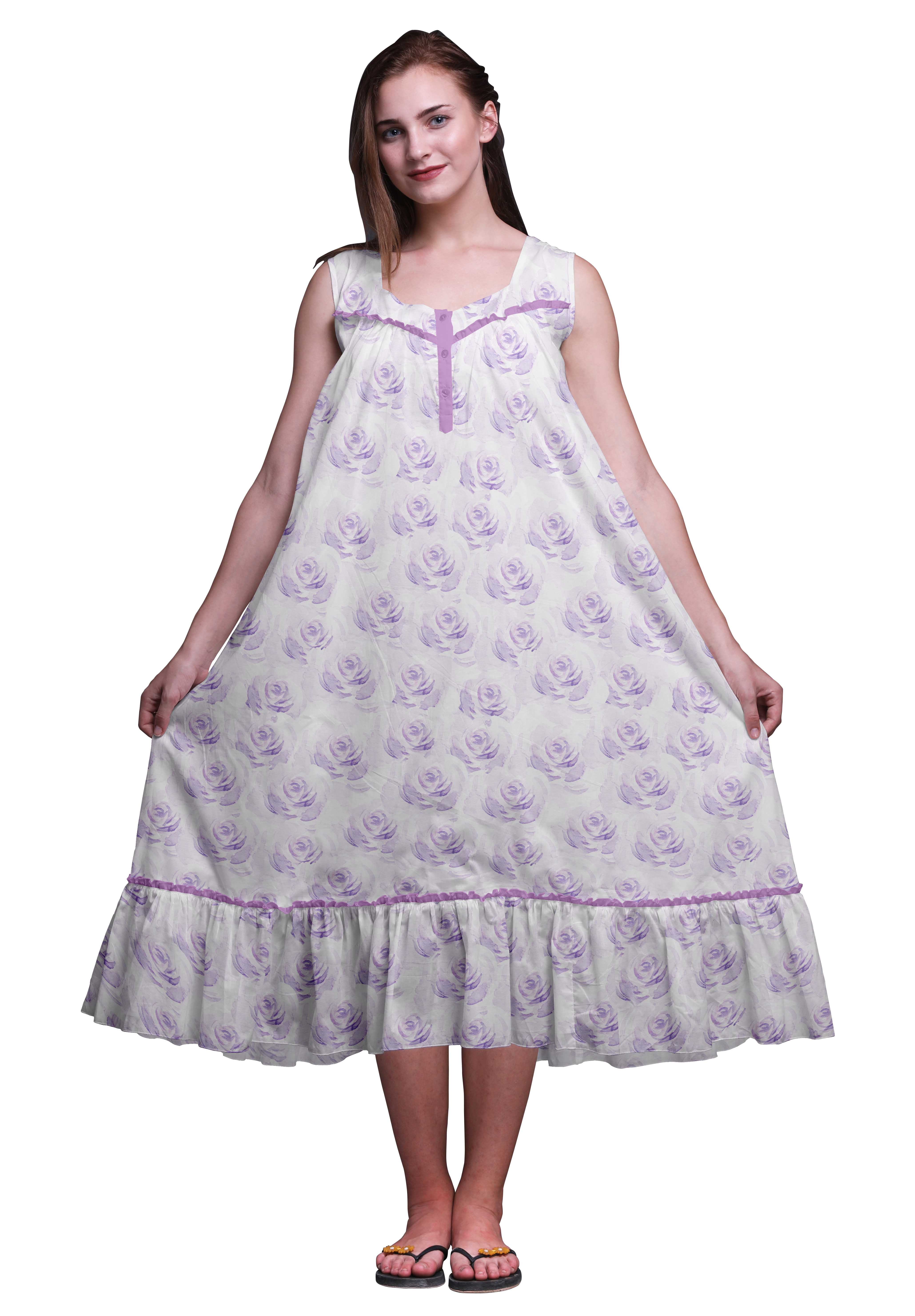 Bimba Lavender2 Floral Rose Mid Calf Nightwear Ladies Cotton Printed Sleeveless Night Gown Maxi ...