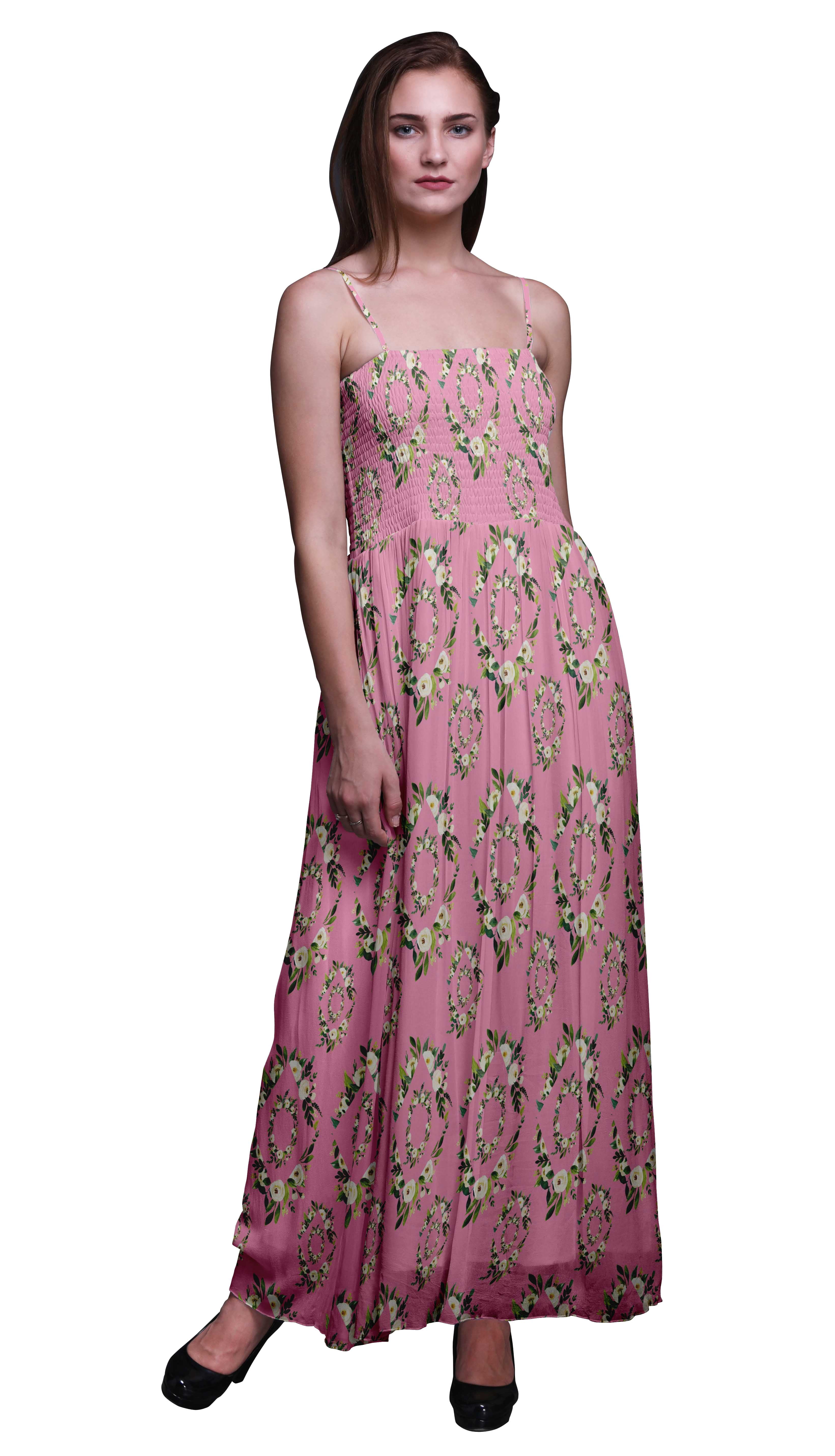 Bimba Leaves & Arabian Jasmine Floral Printed Women Georgette Smocked ...