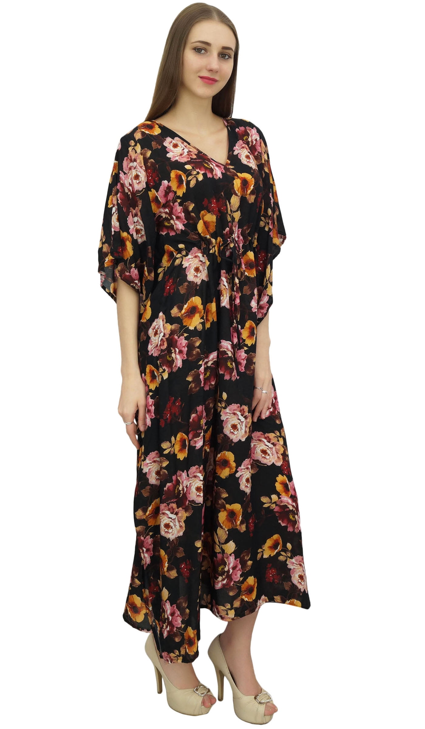 Bimba Long Dress Caftan Drawstring Black Gown Nightdress Kaftan Casual ...