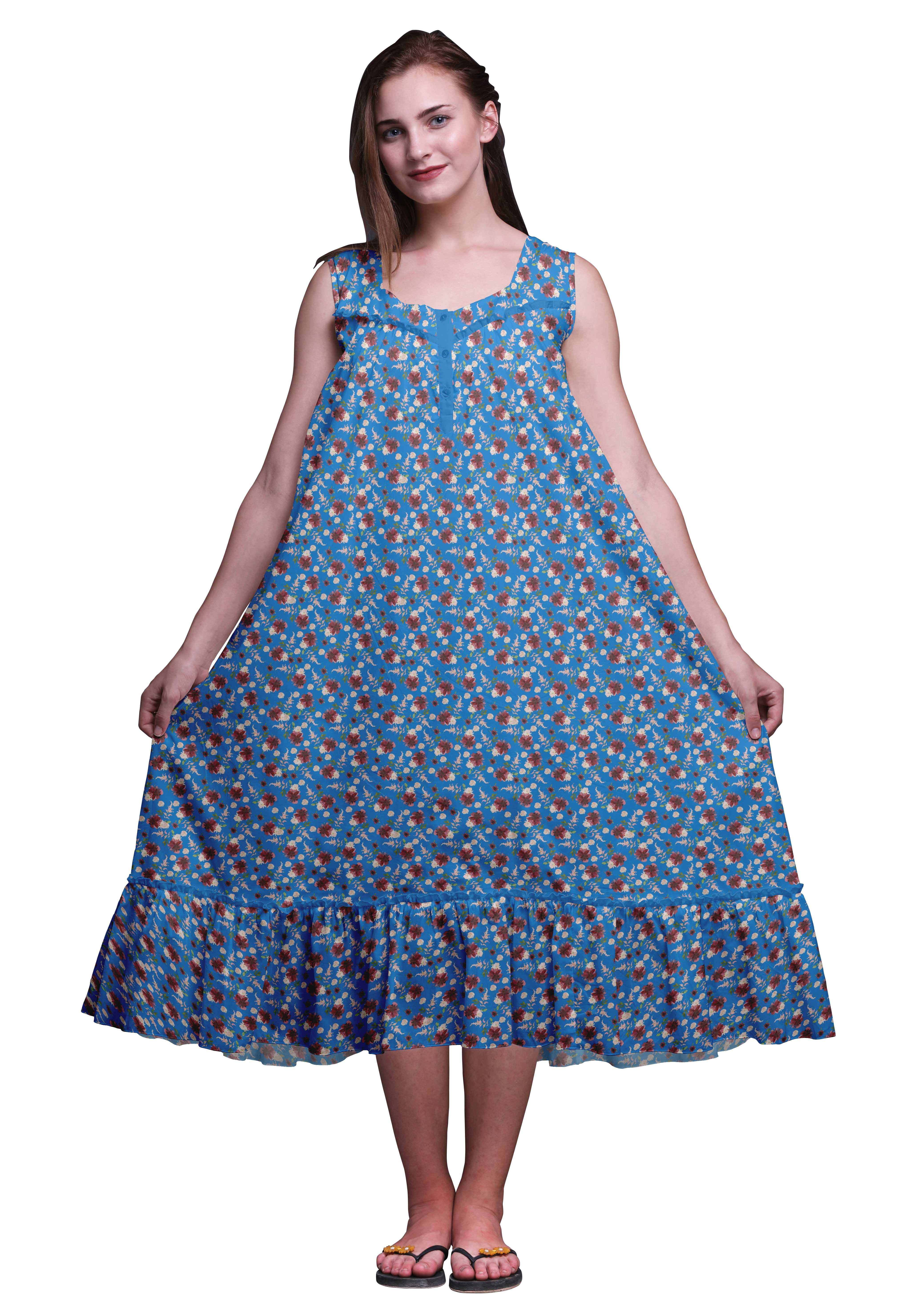 Bimba Medium Blue Floral Leaves & Chrysanthemum Mid Calf Nightwear Ladies Cotton Printed ...