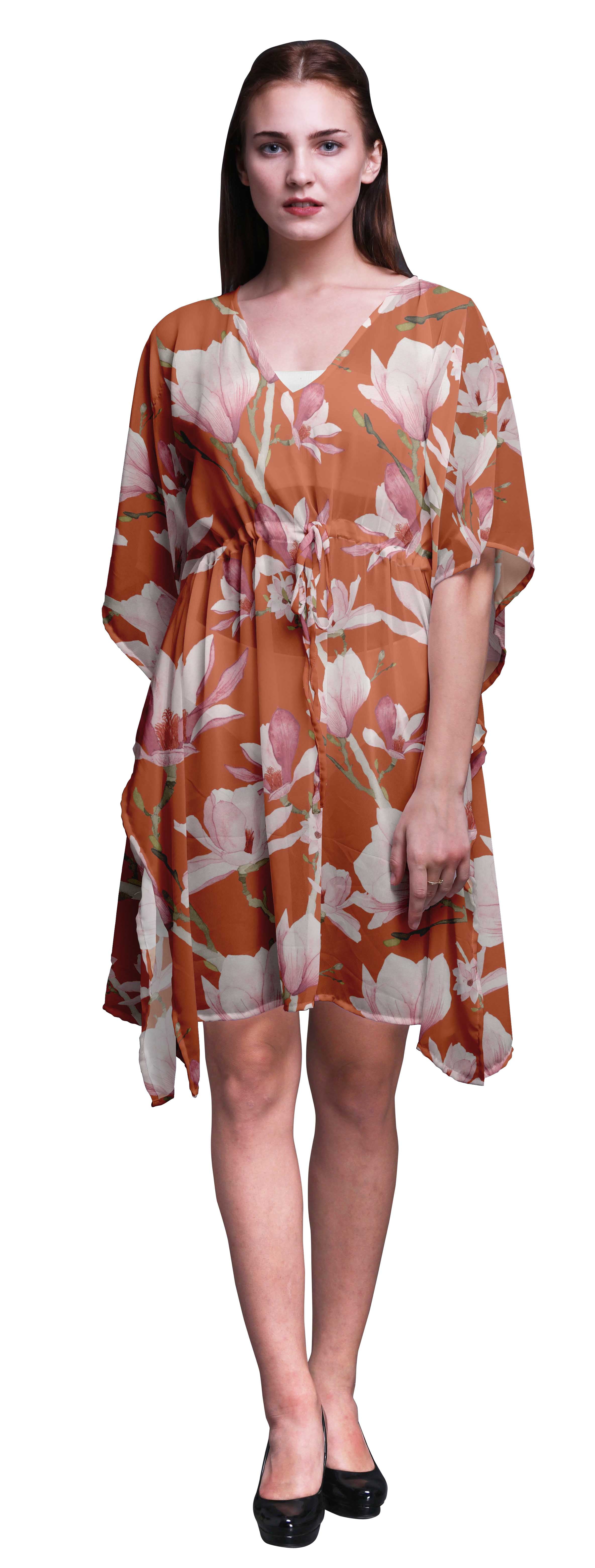 Bimba Medium Orange Floral Saucer Magnolia Short Caftan Midi Dress Beach Swimwear Cover up ...